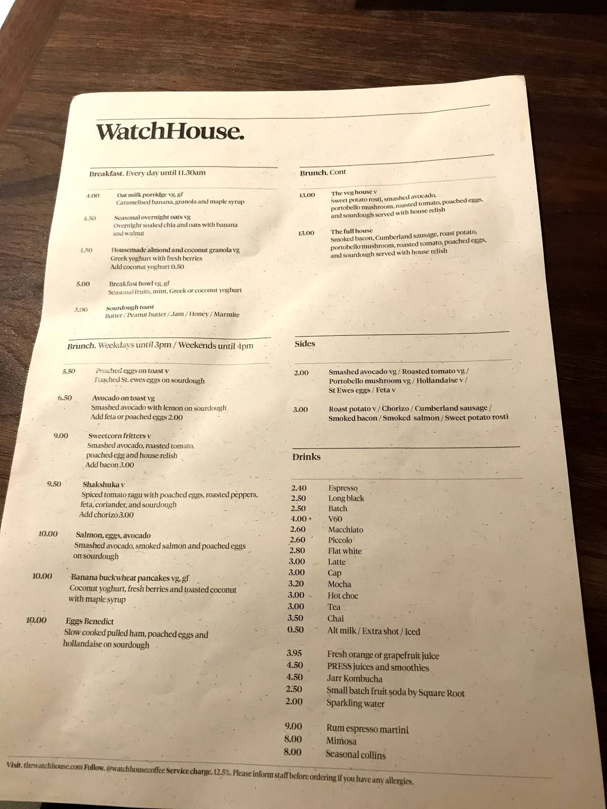 Menu at WatchHouse Tower Bridge cafe, London, 37 Shad Thames