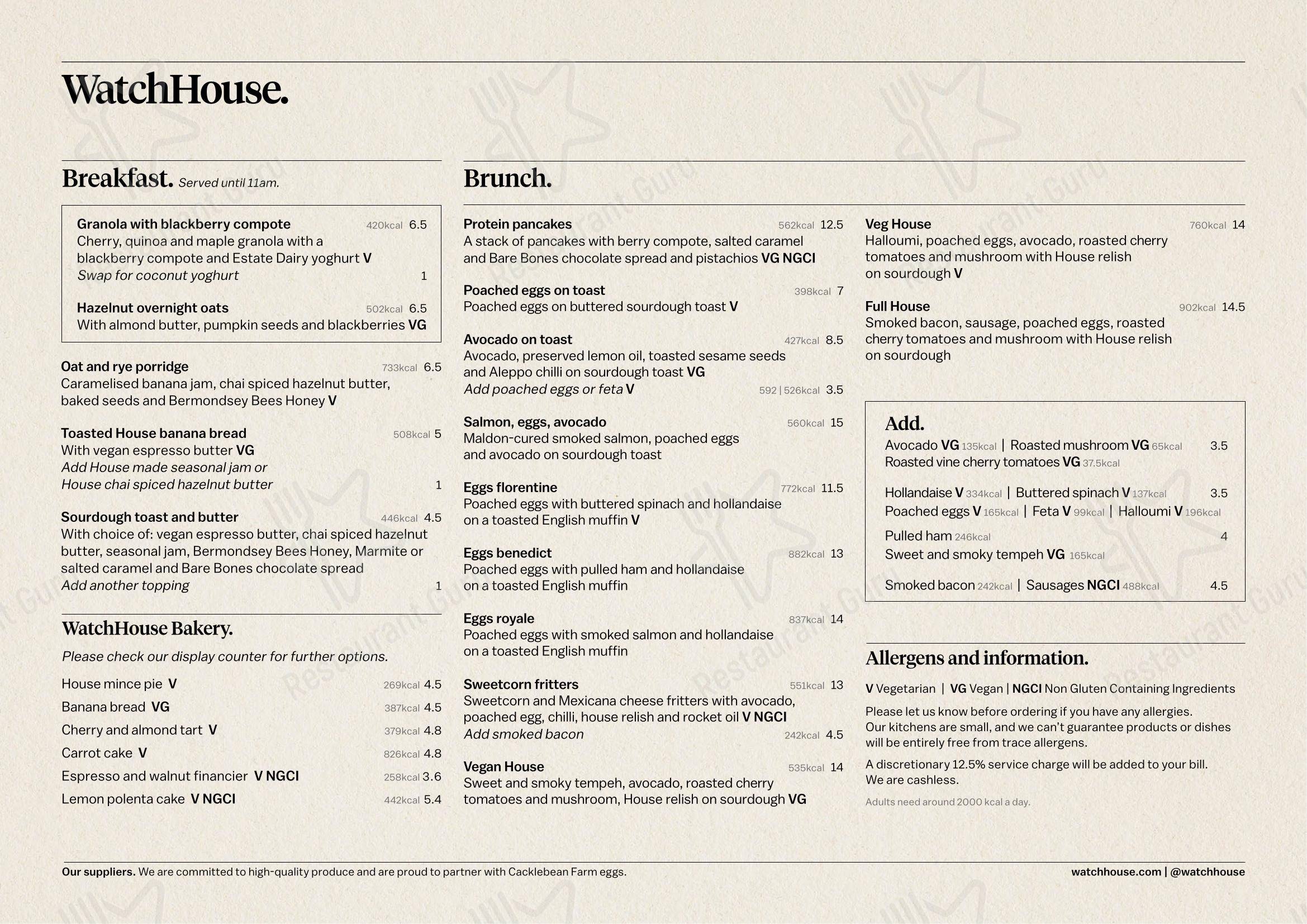 Menu at WatchHouse Tower Bridge cafe, London, 37 Shad Thames