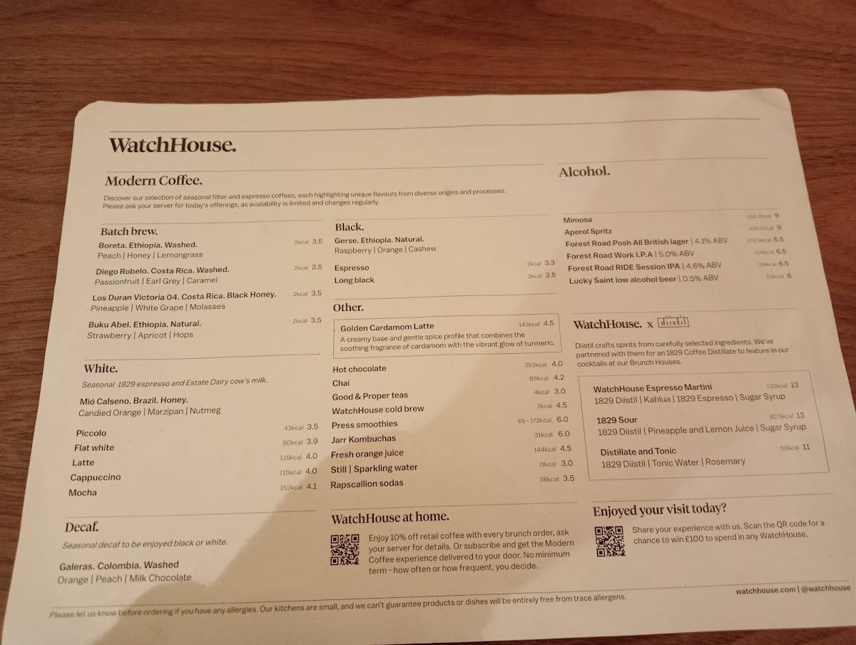 Menu at WatchHouse Tower Bridge cafe, London, 37 Shad Thames
