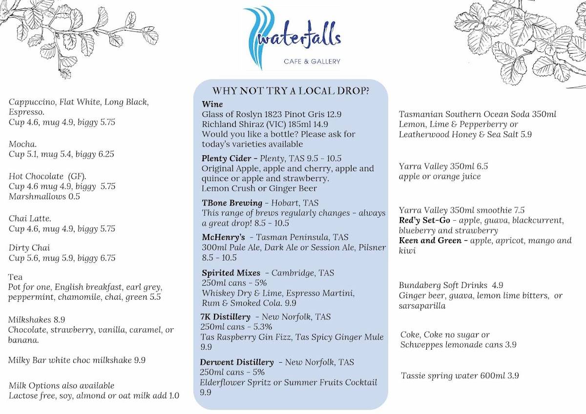 Menu at Waterfalls Cafe & Gallery, Mount Field