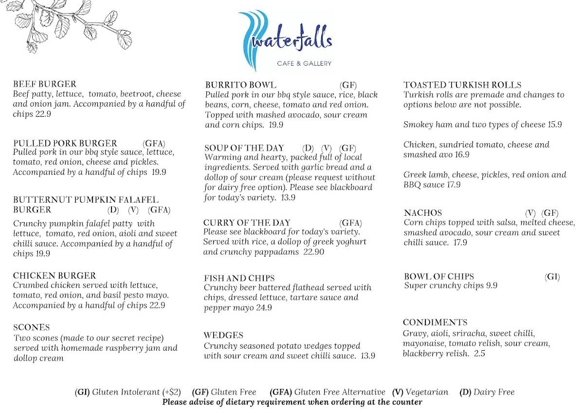 Menu at Waterfalls Cafe and Gallery, Mount Field