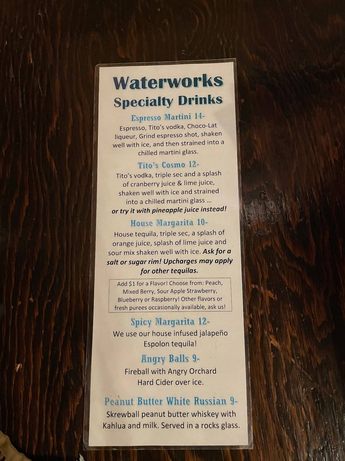 Menu at Waterworks Restaurant, Rockland