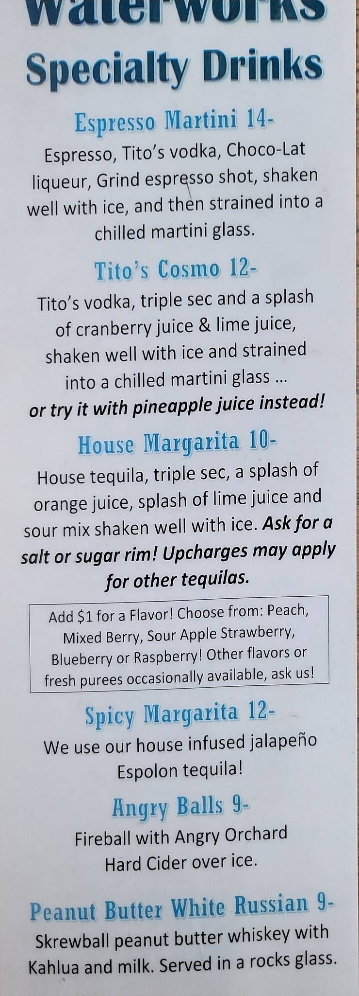 Menu at Waterworks Restaurant, Rockland