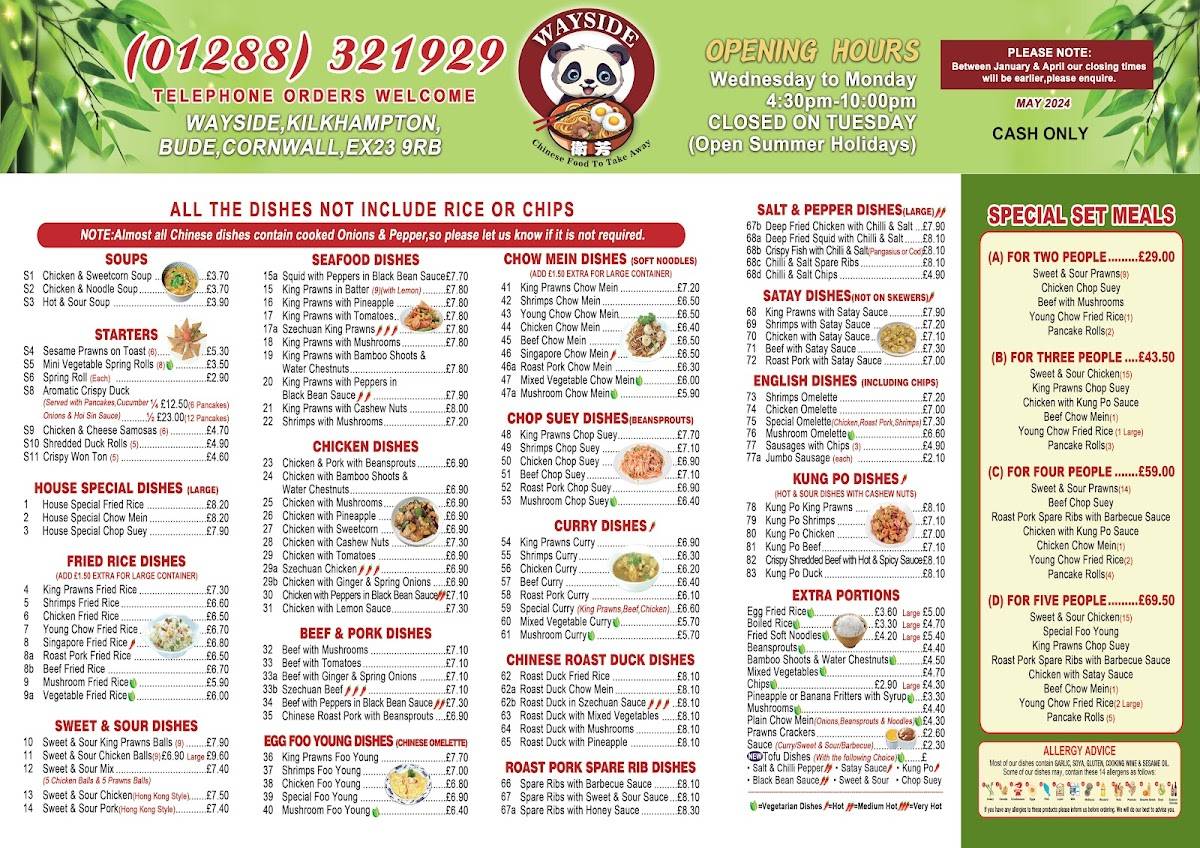 Menu at Wayside Chinese Takeaway restaurant, Bude-Stratton