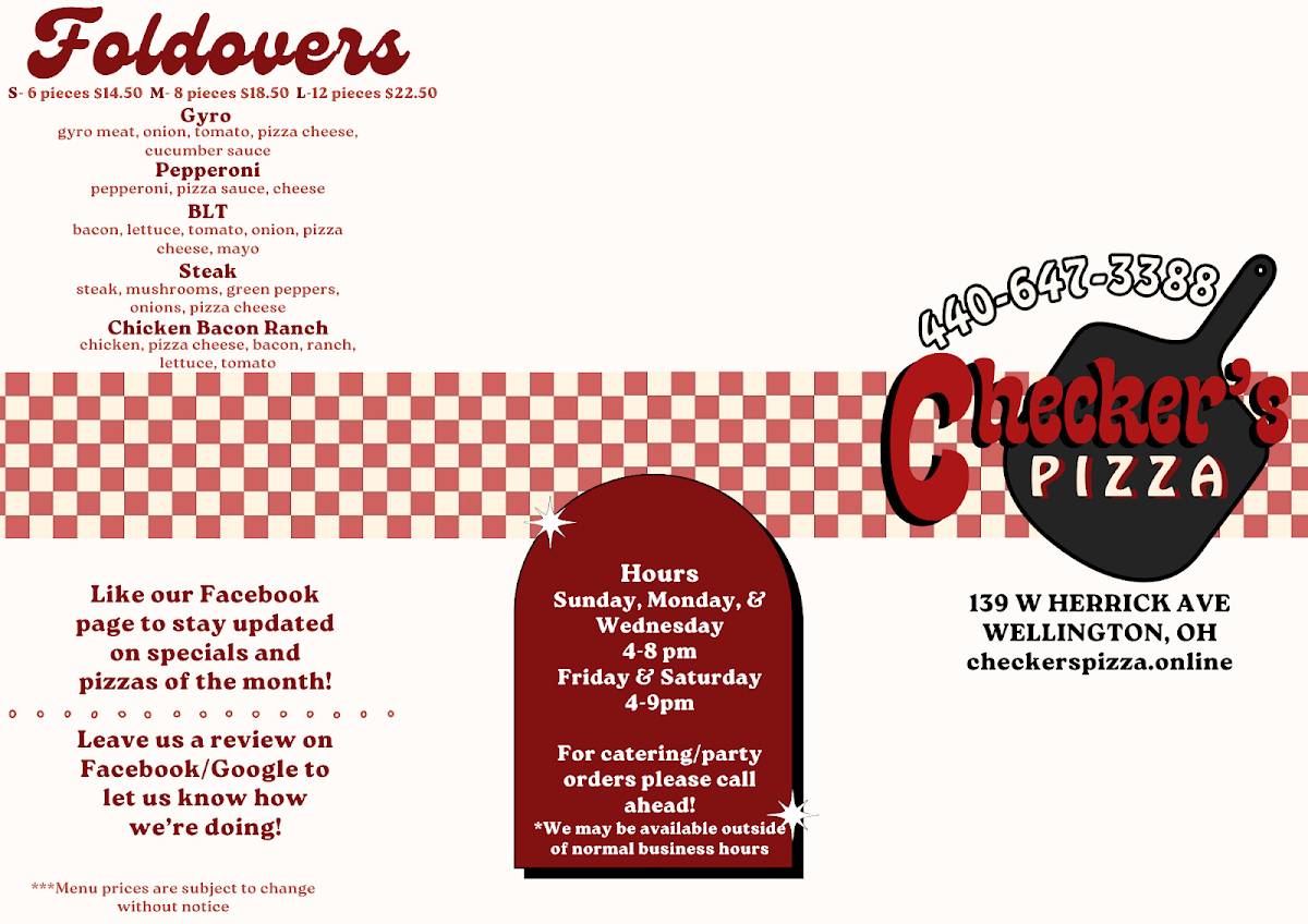Menu at Checker's Pizza pizzeria, Wellington