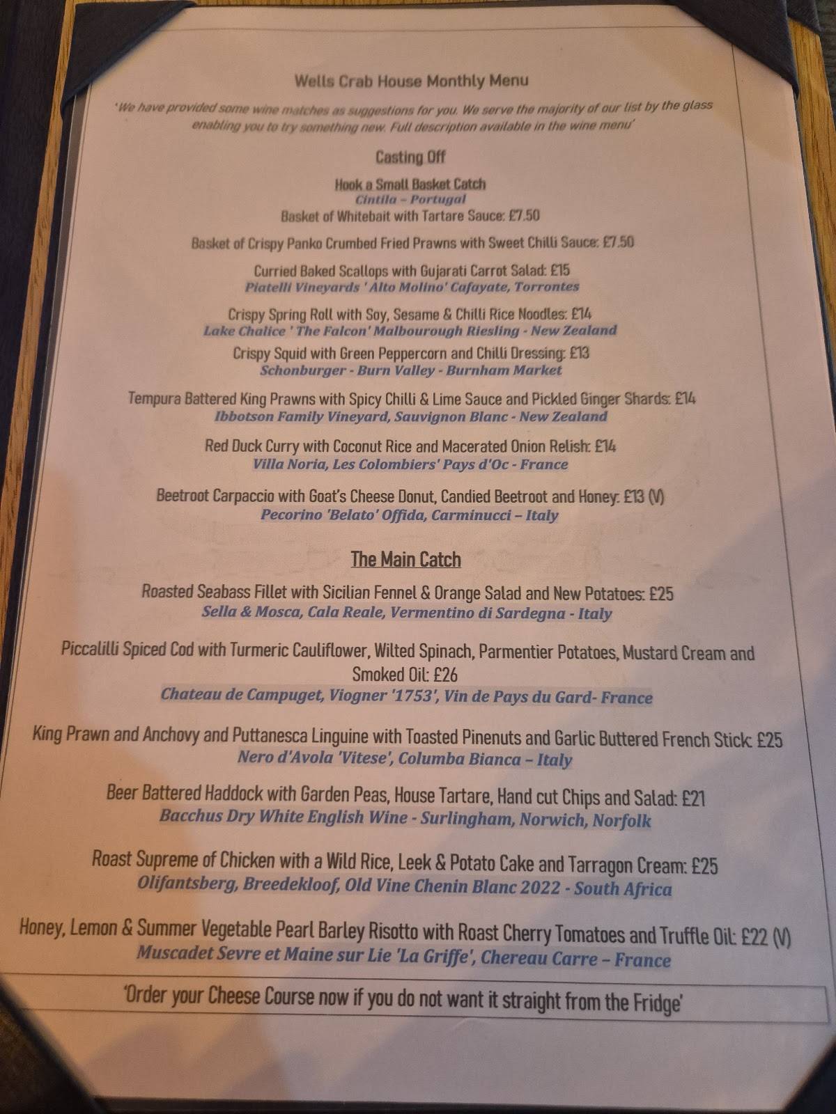 Menu at Wells Crab House Seafood Restaurant, Wells-next-the-Sea