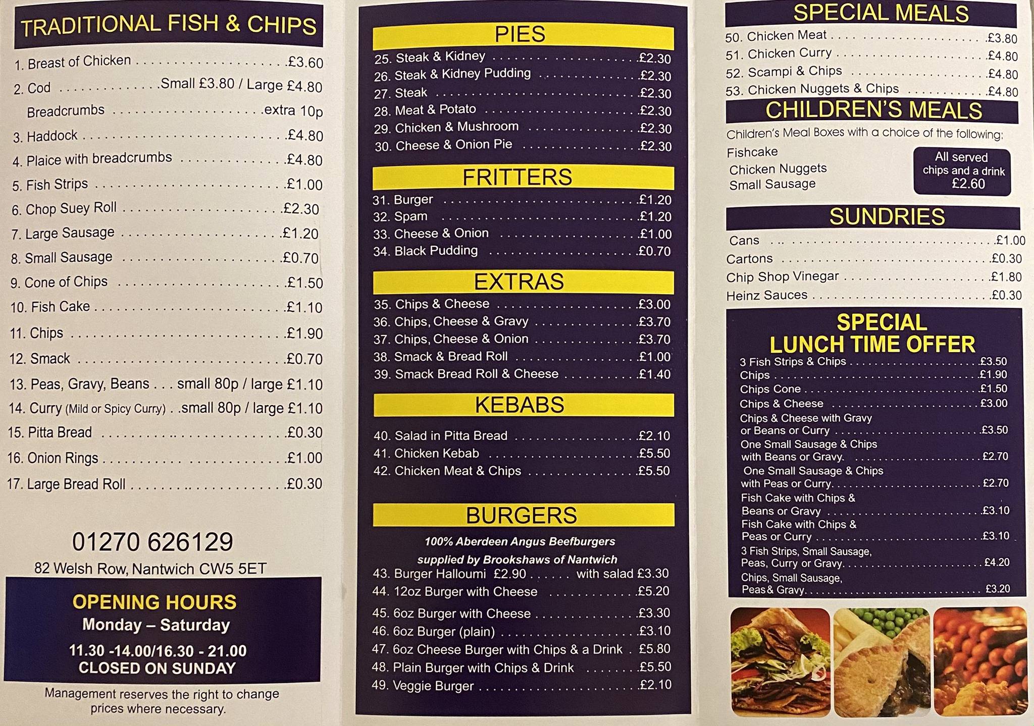 Menu at Welsh Row Fryer restaurant, Nantwich, 82 Welsh Row