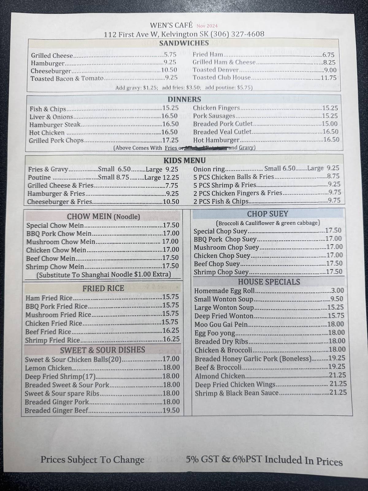 Menu at Wen’s Cafe, Kelvington