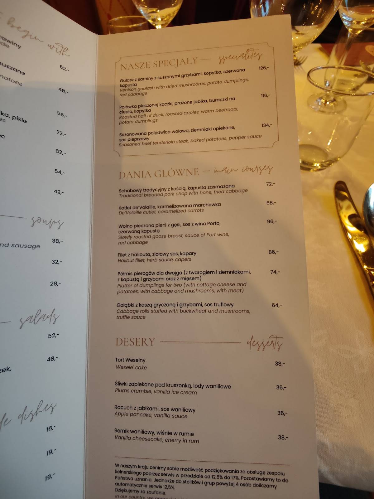 Menu at Wesele restaurant, Kraków