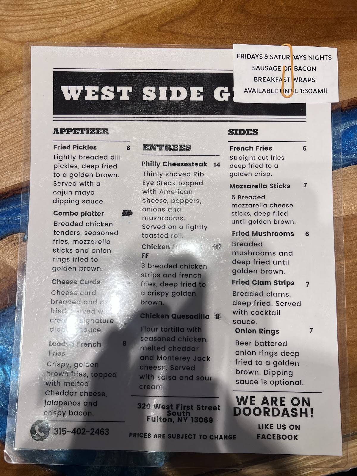 Menu at West Side Tavern pub & bar, Fulton