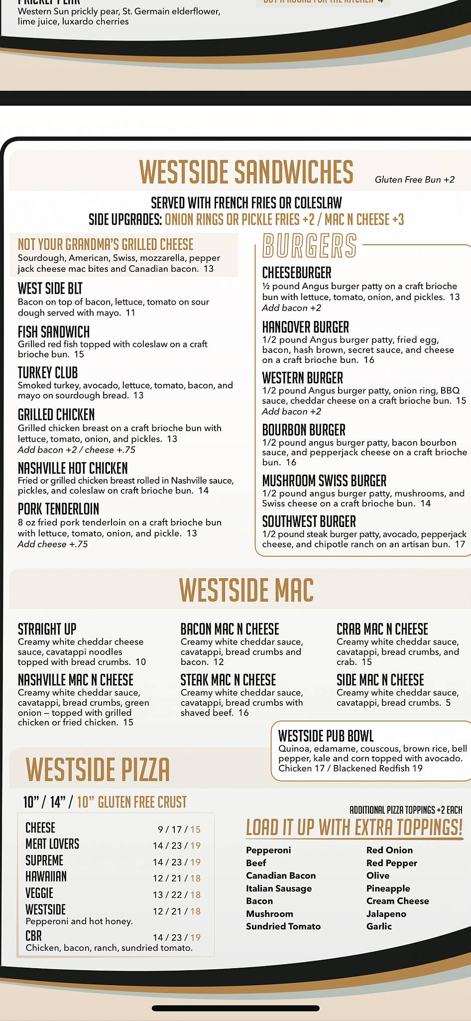 Menu at Westside Pub, Sunrise Beach