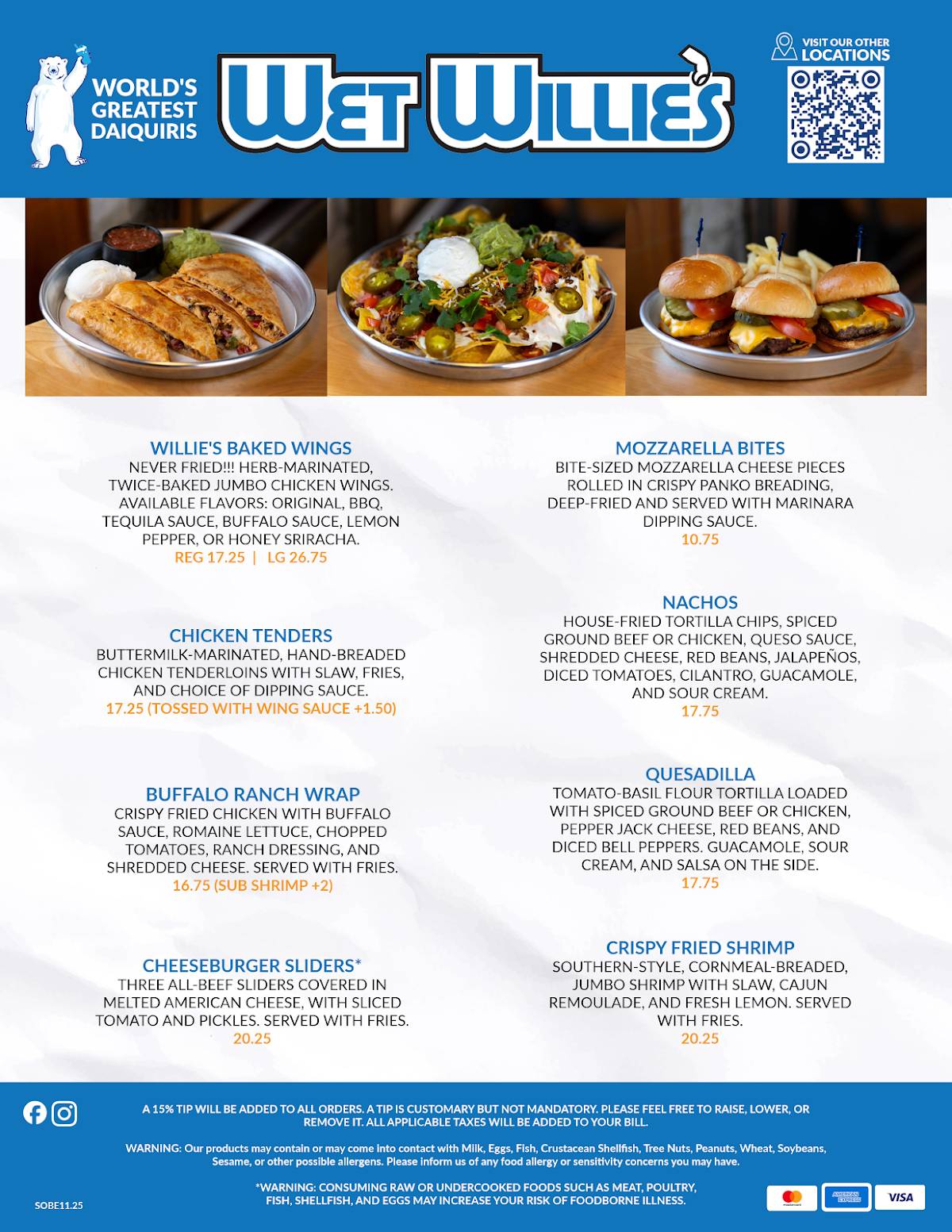 Carta del pub y bar Wet Willie's, Miami Beach