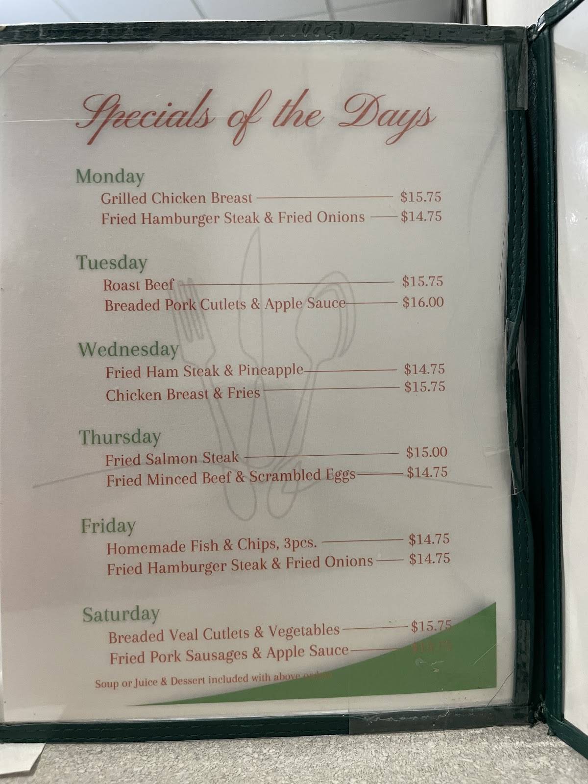 Menu at Club Café, Weyburn