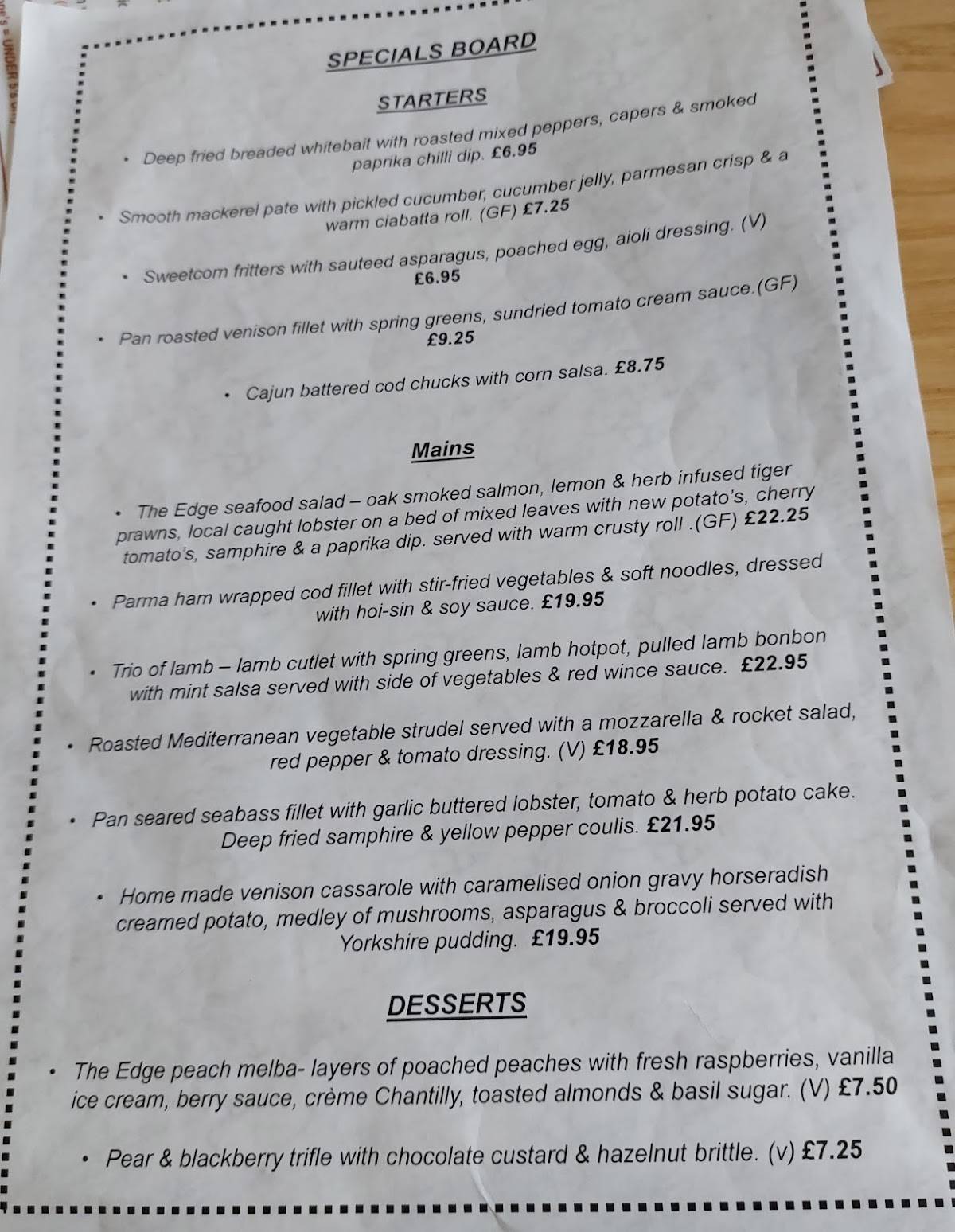 Menu at The Edge Restaurant, Whitby