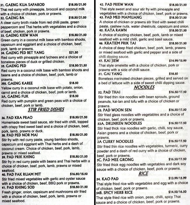 Menu at White Elephant Thai Restaurant, Bunbury
