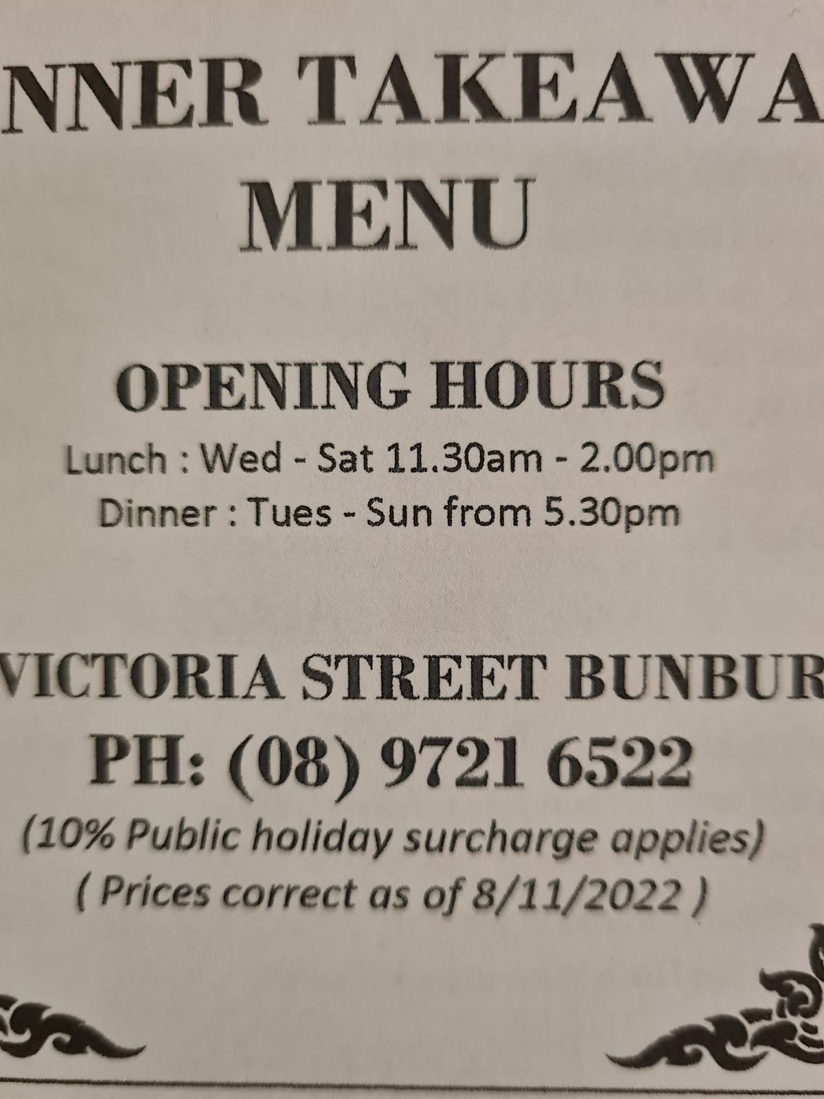 Menu at White Elephant Thai Restaurant, Bunbury
