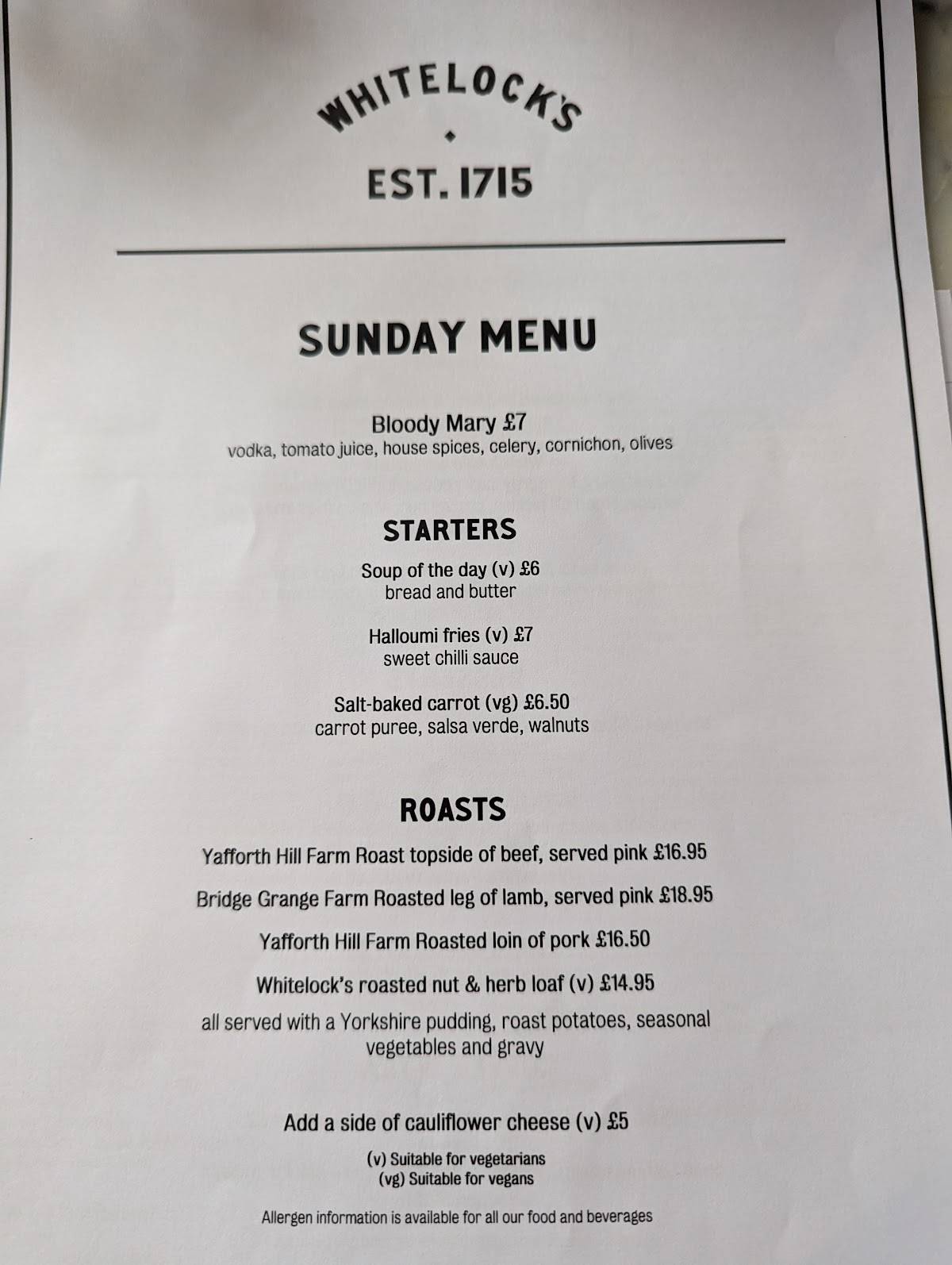 Menu at Whitelock's Ale House pub & bar, Leeds