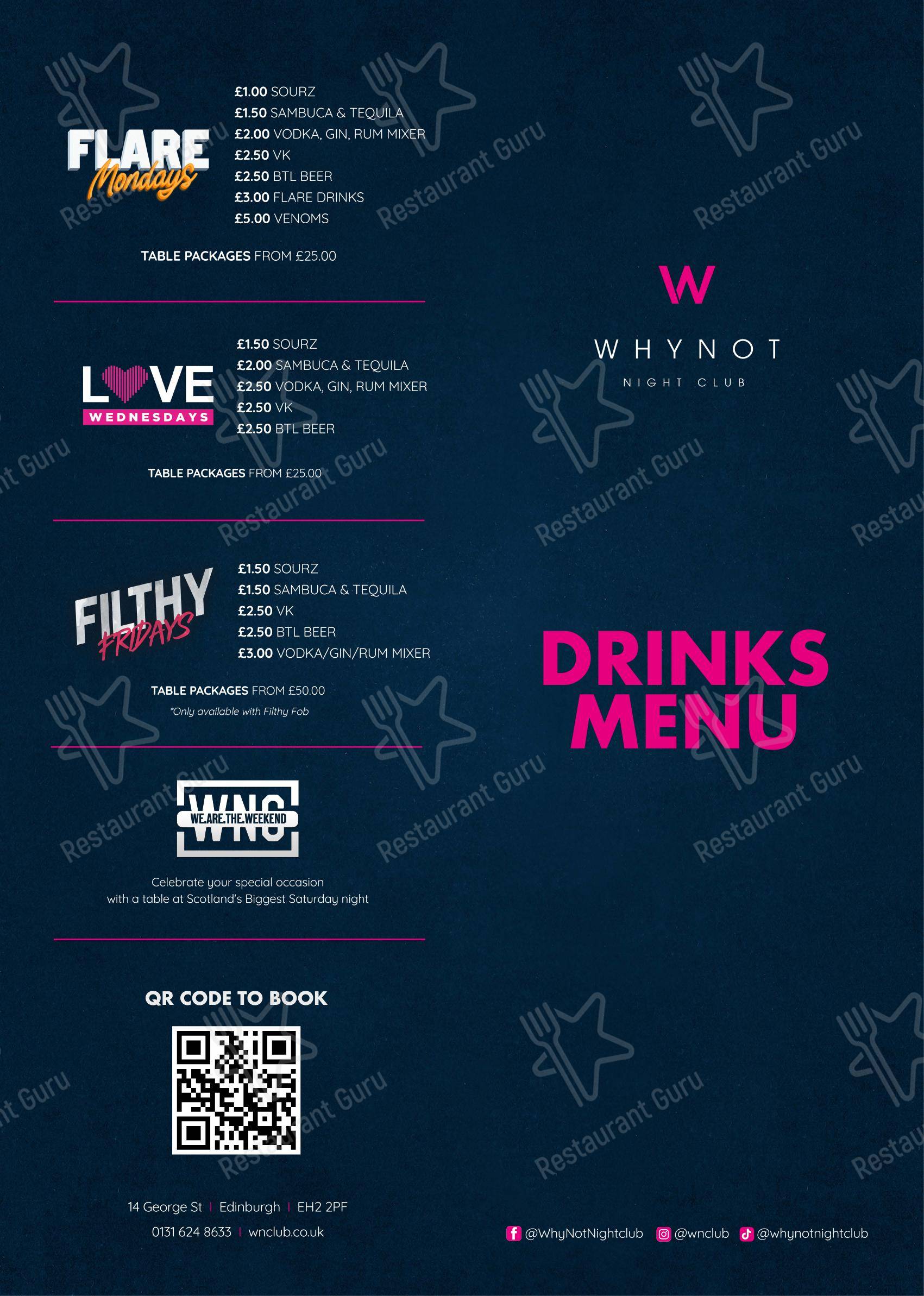 Menu at Why Not Nightclub, Edinburgh