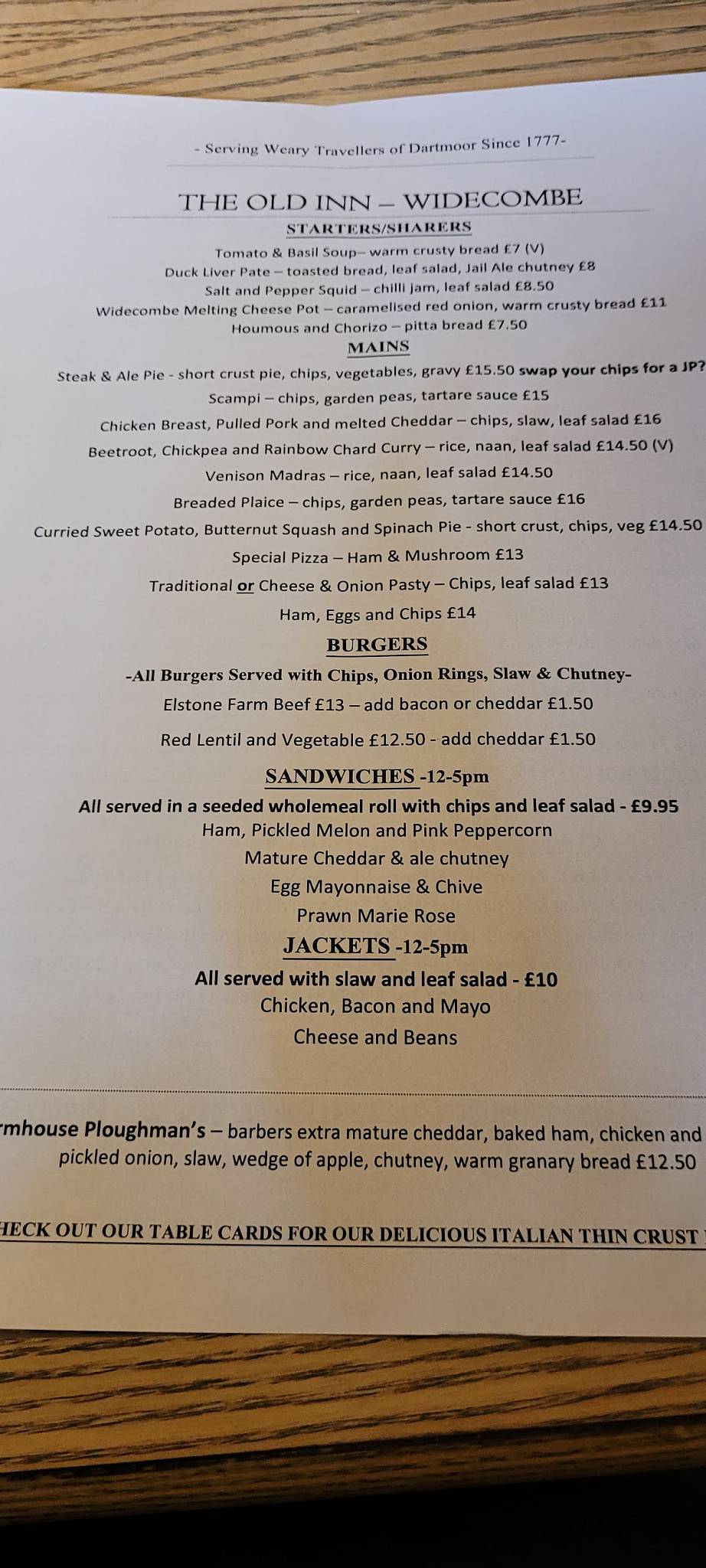 Menu at The Old Inn pub & bar, Widecombe in the Moor