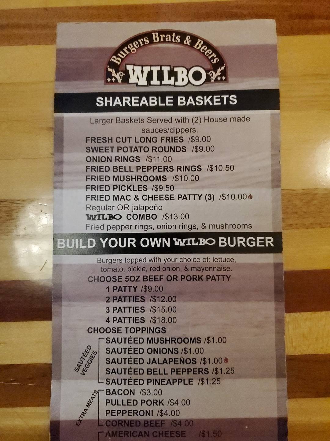 Menu at Wilbo Burgers Brats & Beers pub & bar, Cedar Falls