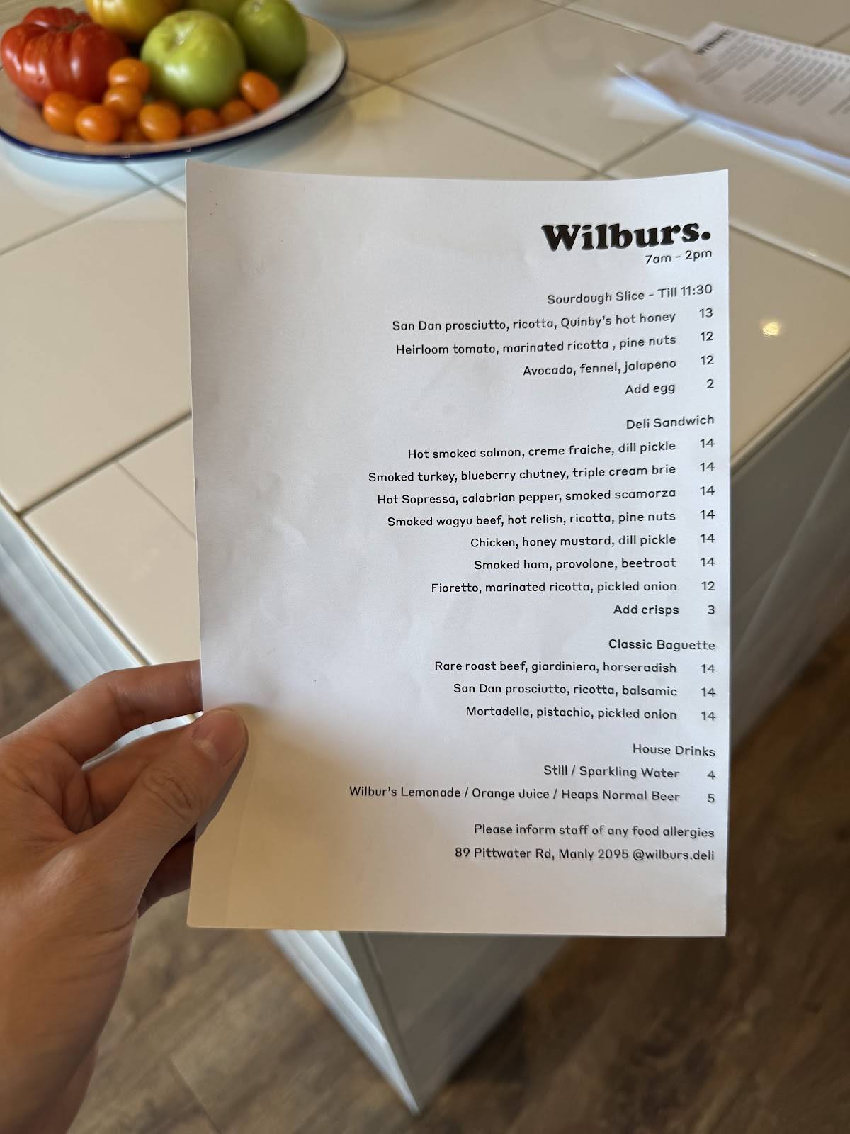 Menu at Wilburs. restaurant, Manly