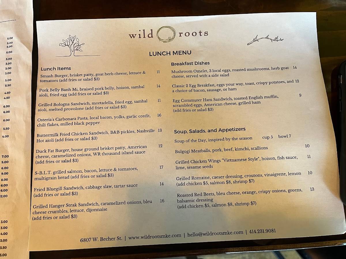 Menu at Wild Roots Restaurant, West Allis
