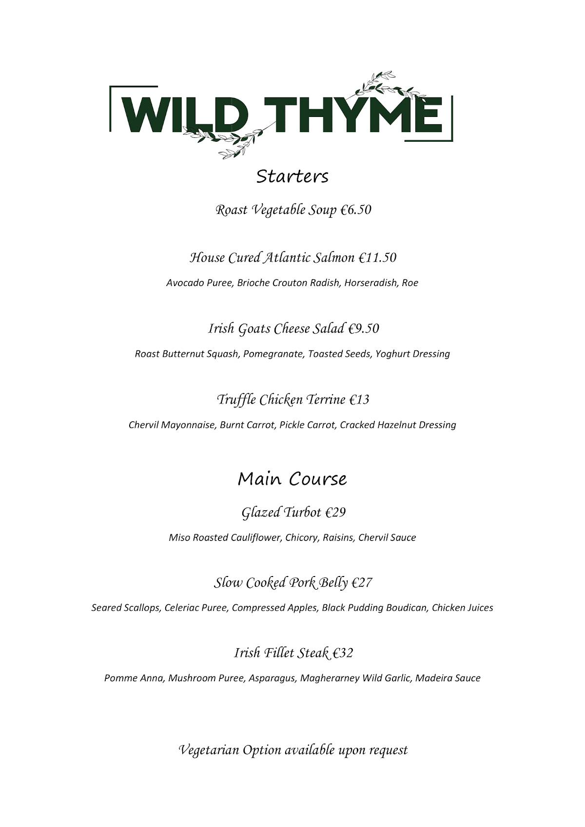 Menu at Wild Thyme Restaurant, Three Mile House
