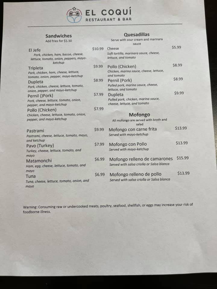 Carta de El Coqui Restaurant & Bar, Wilkes-Barre