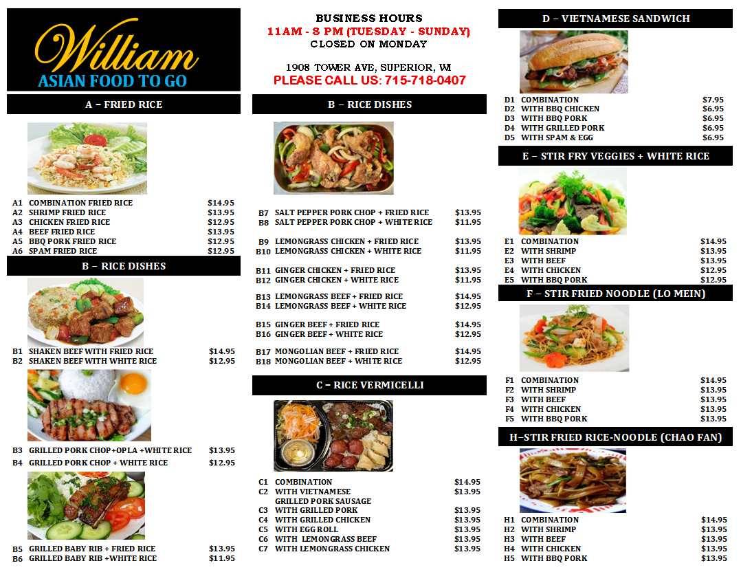 Menu at William Asian Food to go restaurant, Superior