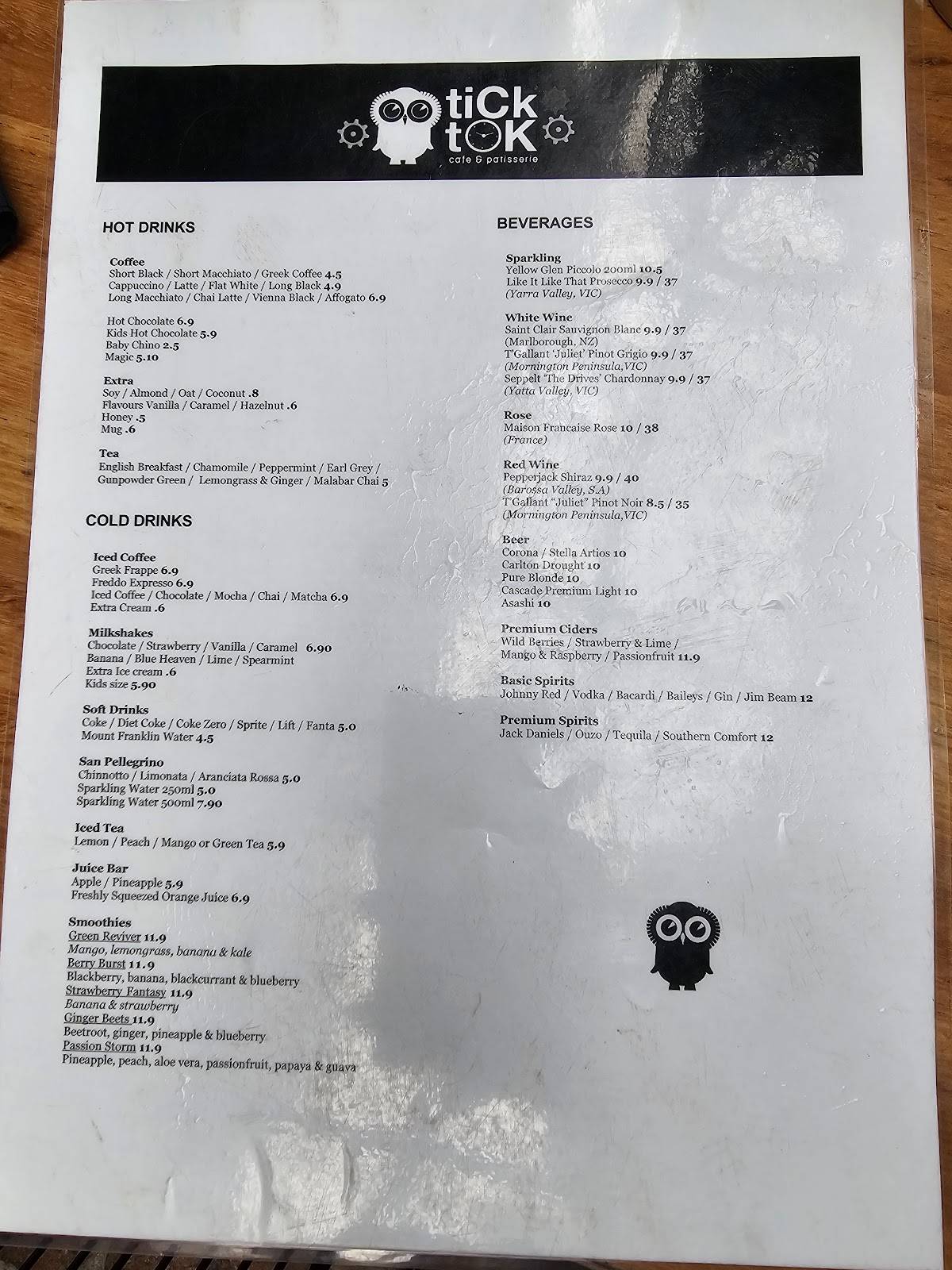 Menu at Tick Tok restaurant, Williamstown