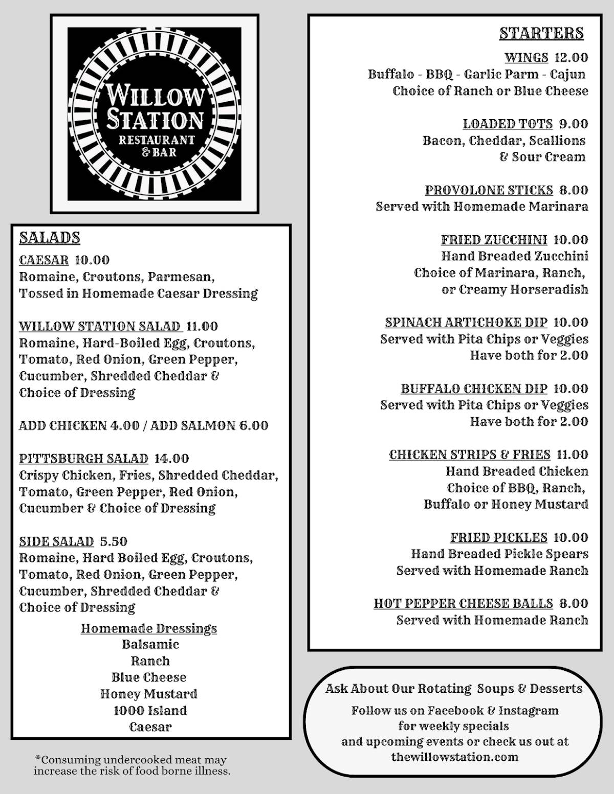 Menu at Willow Station Restaurant and Bar, Castle Shannon