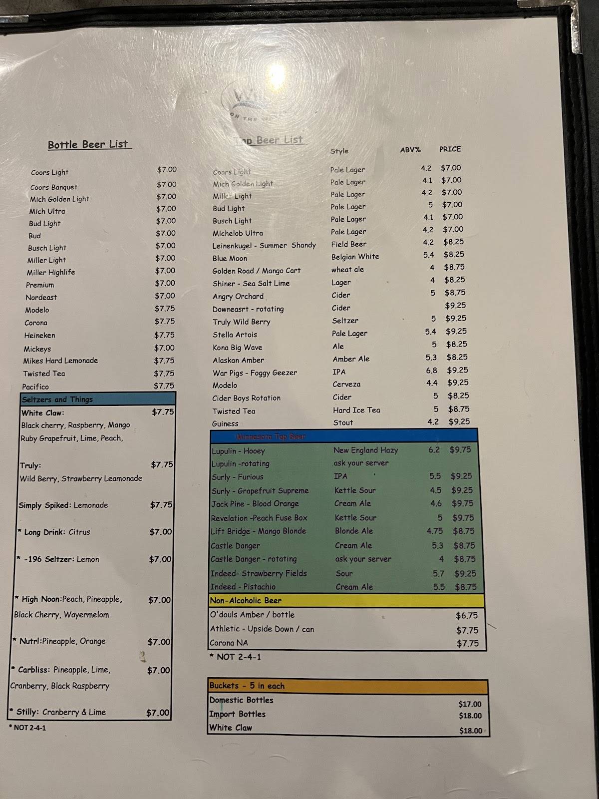 Menu at Willy's on the Water pub & bar, Big Lake