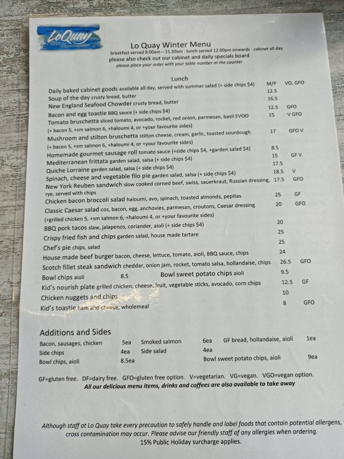 Menu at Lo Quay River Cafe, Riverton
