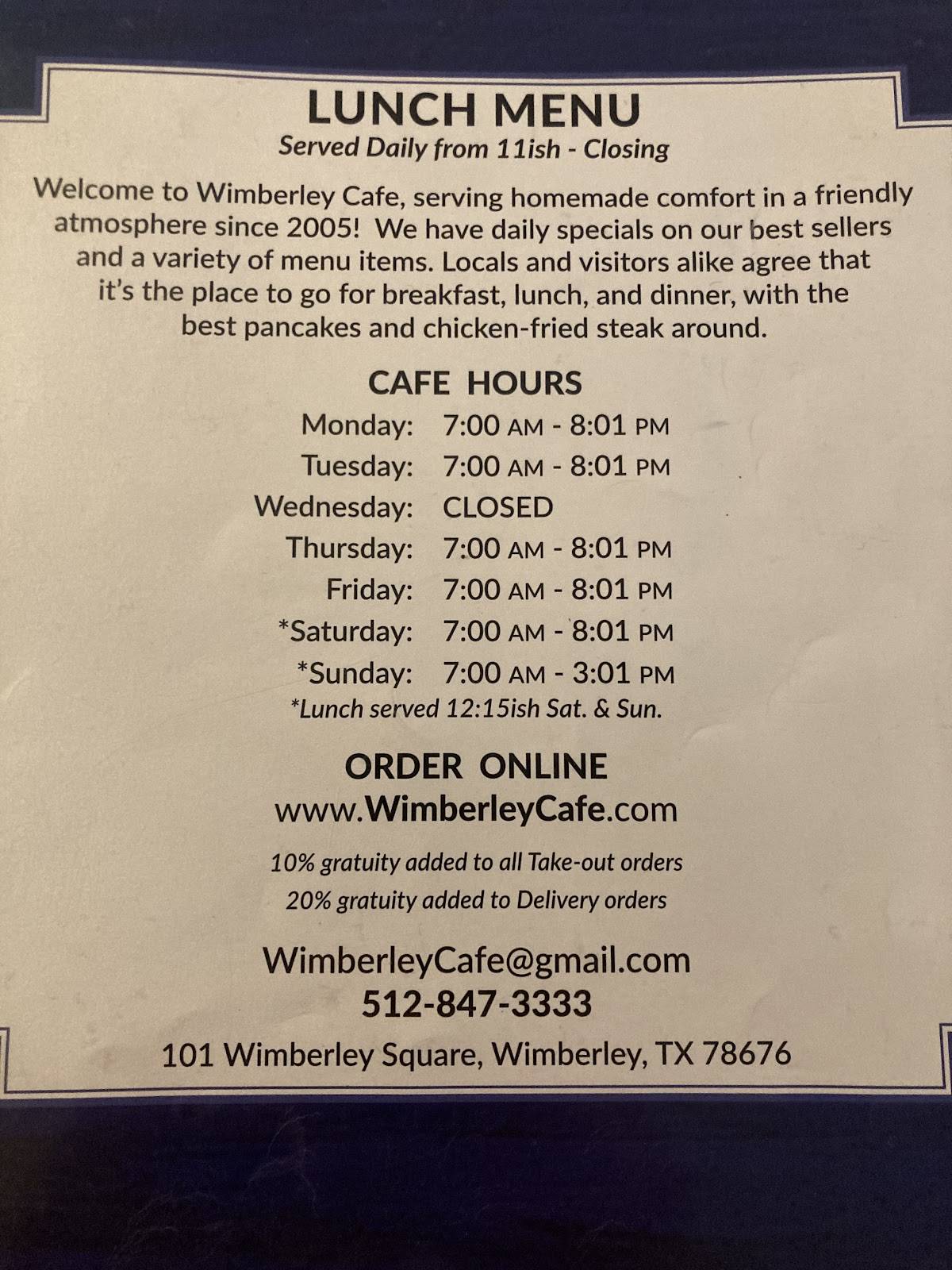Menu at Wimberley Cafe, Wimberley, 101-A Wimberley Square