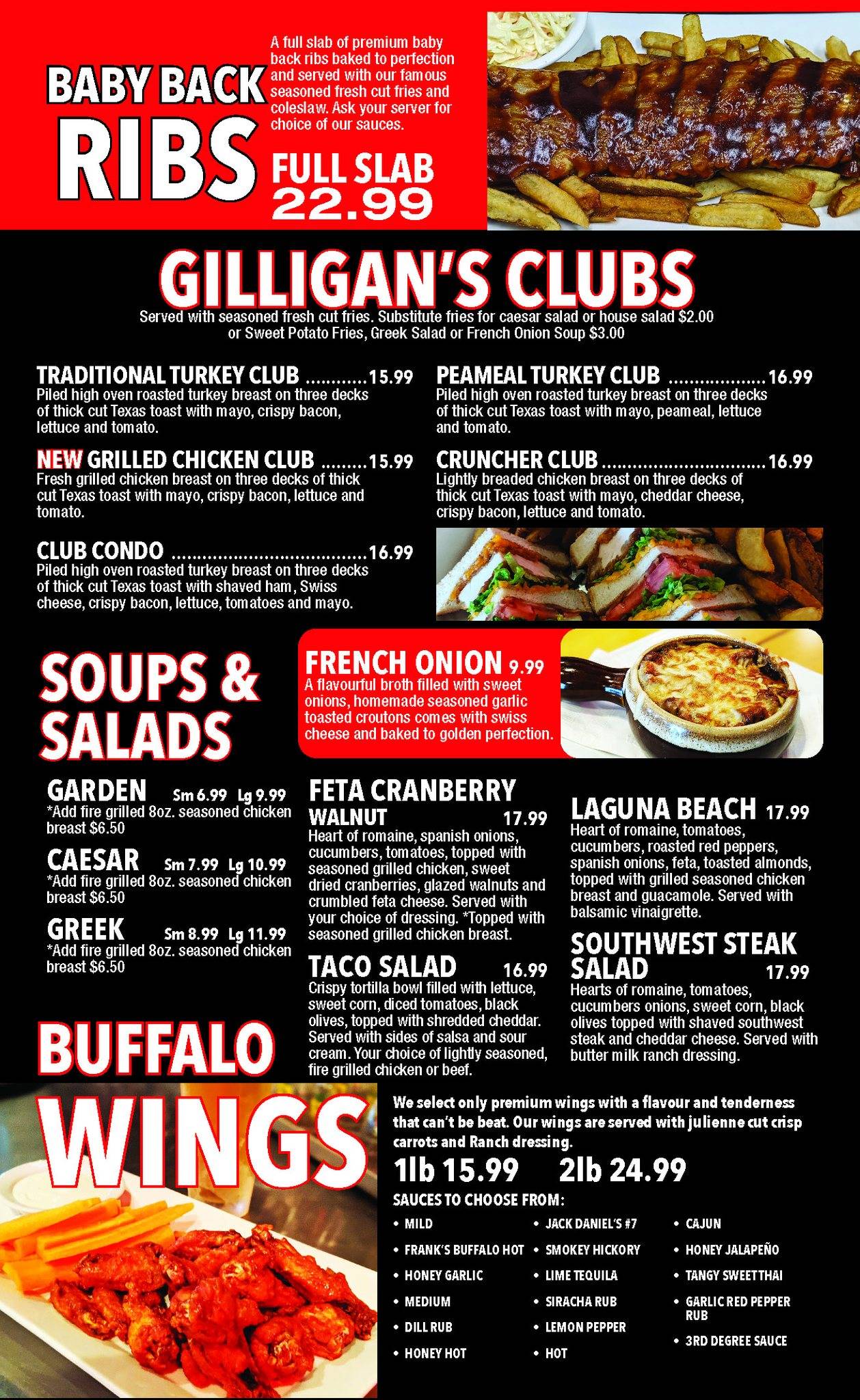 Menu at Gilligan's restaurant, Windsor, Walker Rd