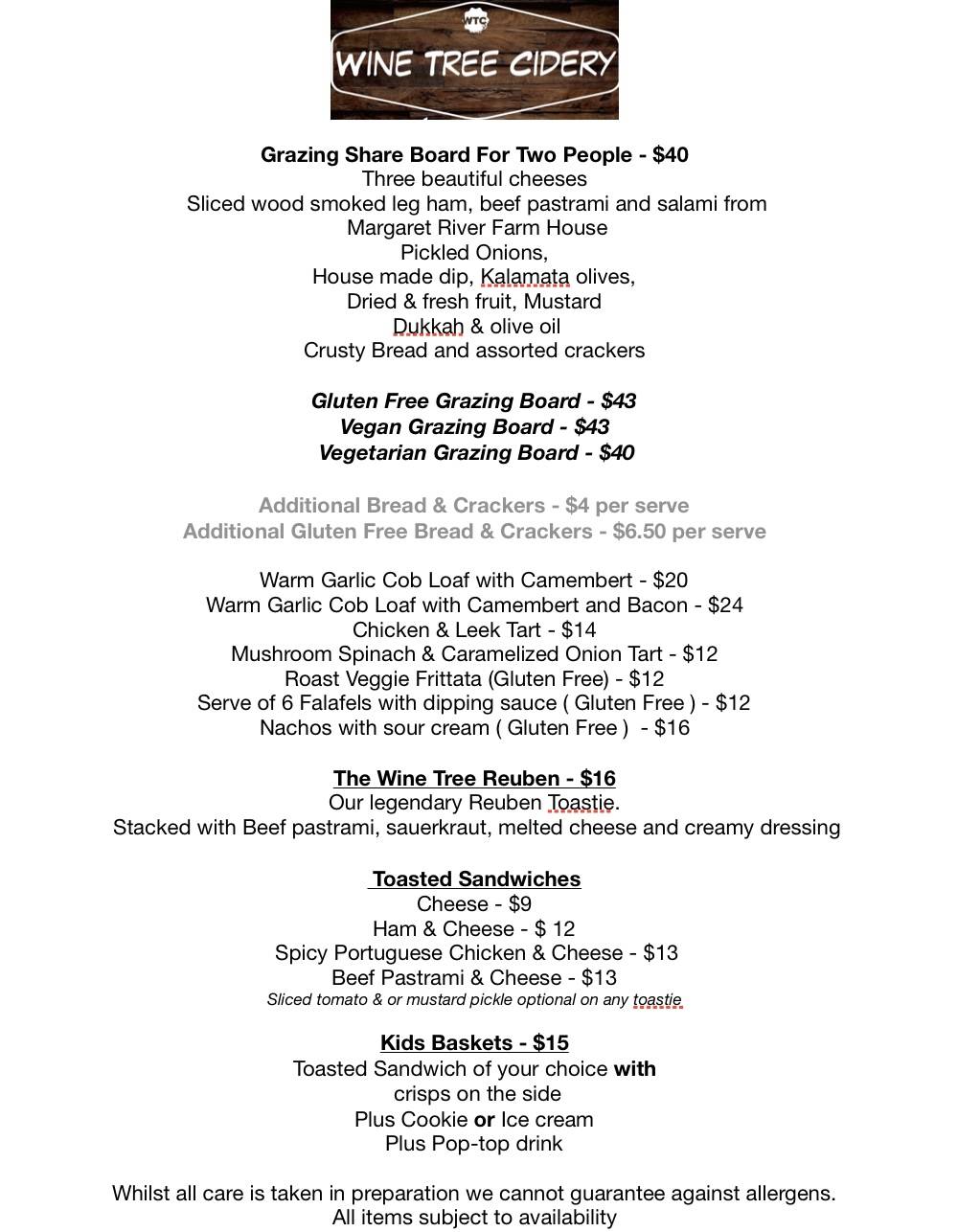 Menu at Wine Tree Cidery pub & bar, Dwellingup