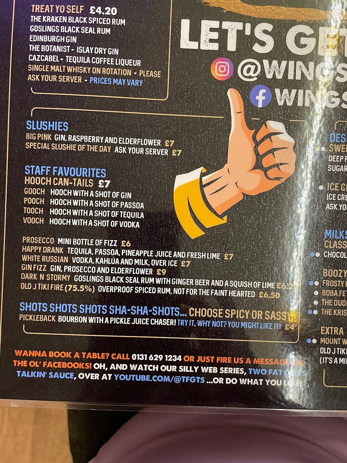Menu at Wings restaurant, Edinburgh, 5 - 7 Old Fishmarket Cl