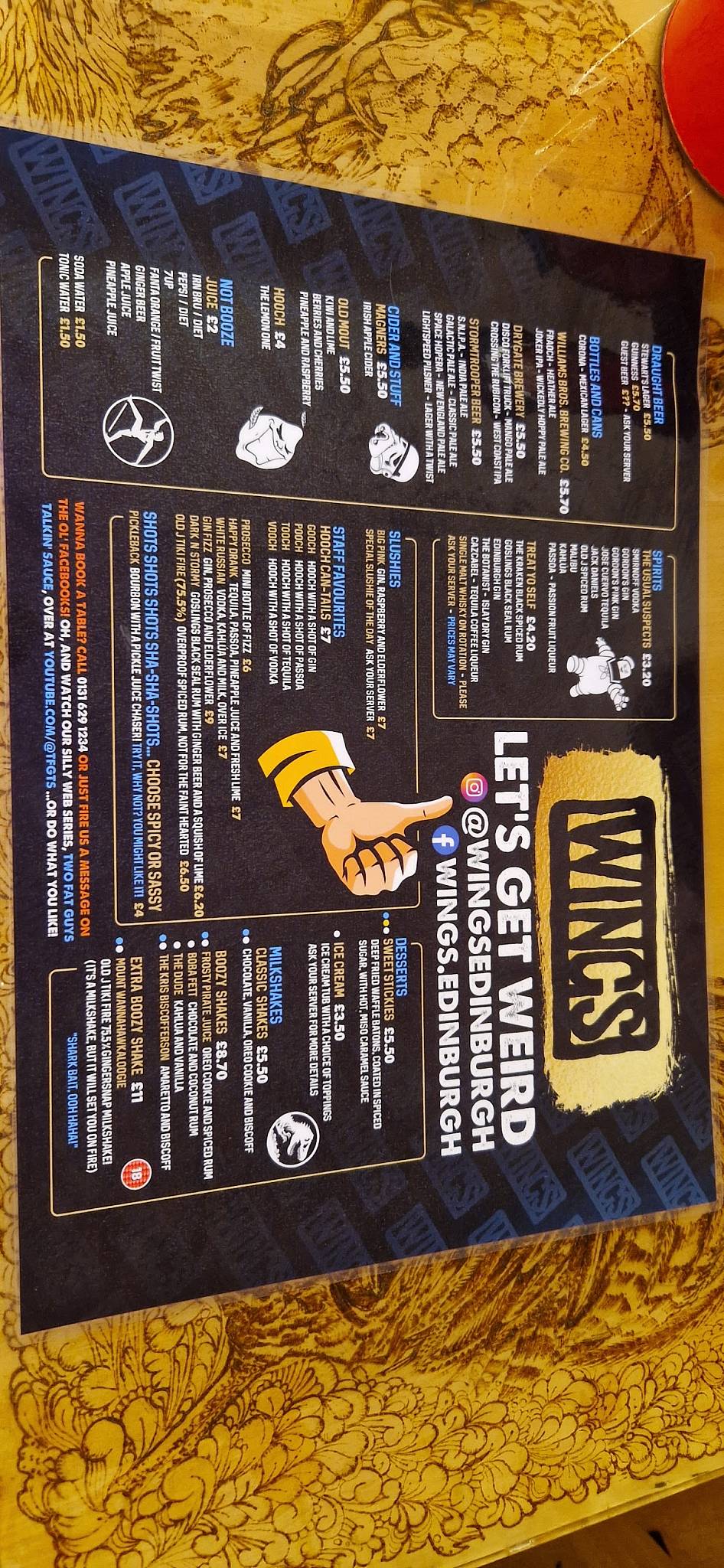 Menu at Wings restaurant, Edinburgh, 5 - 7 Old Fishmarket Cl