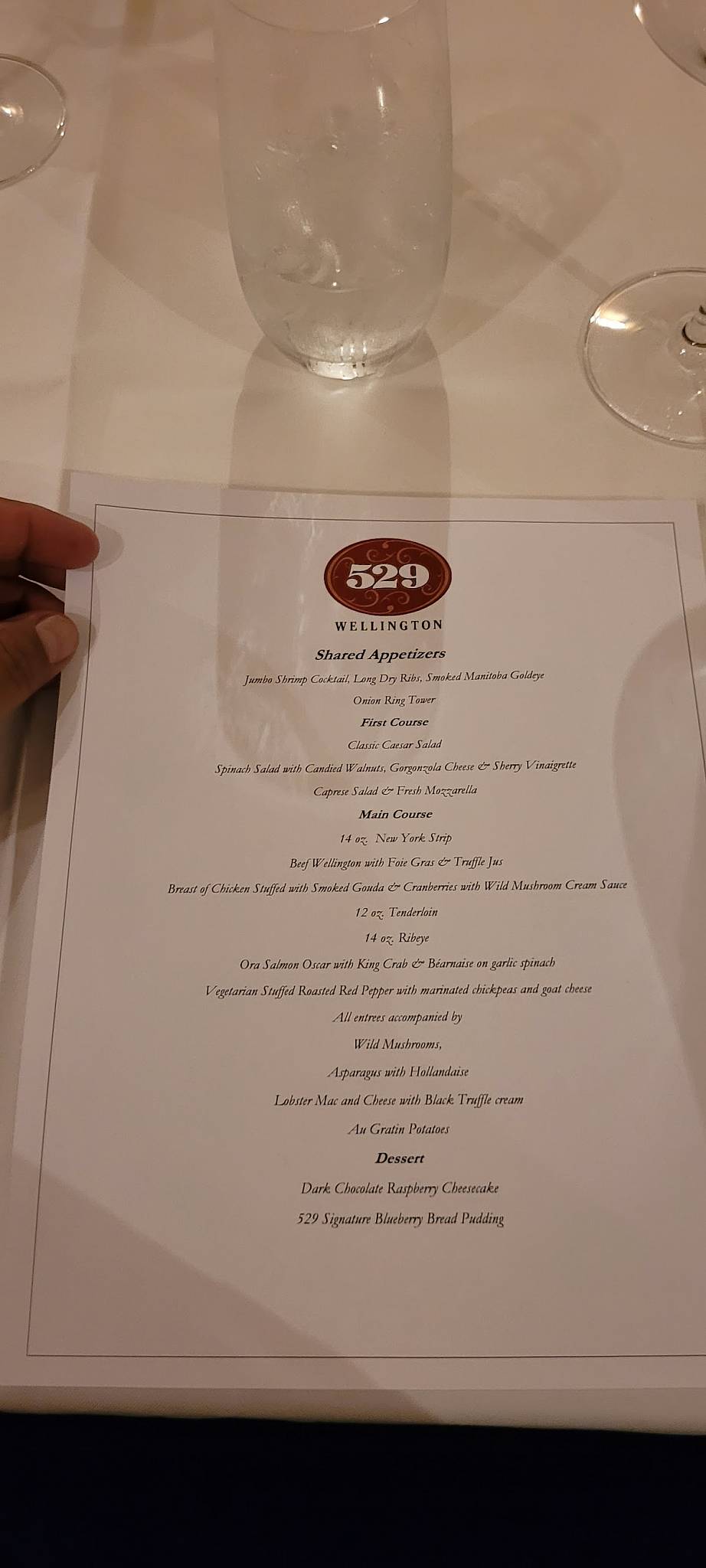 Menu at 529 Wellington Steakhouse, Winnipeg