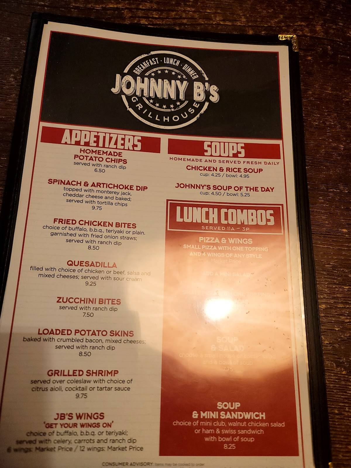 Menu at Johnny B's Grillhouse restaurant, Winston-Salem