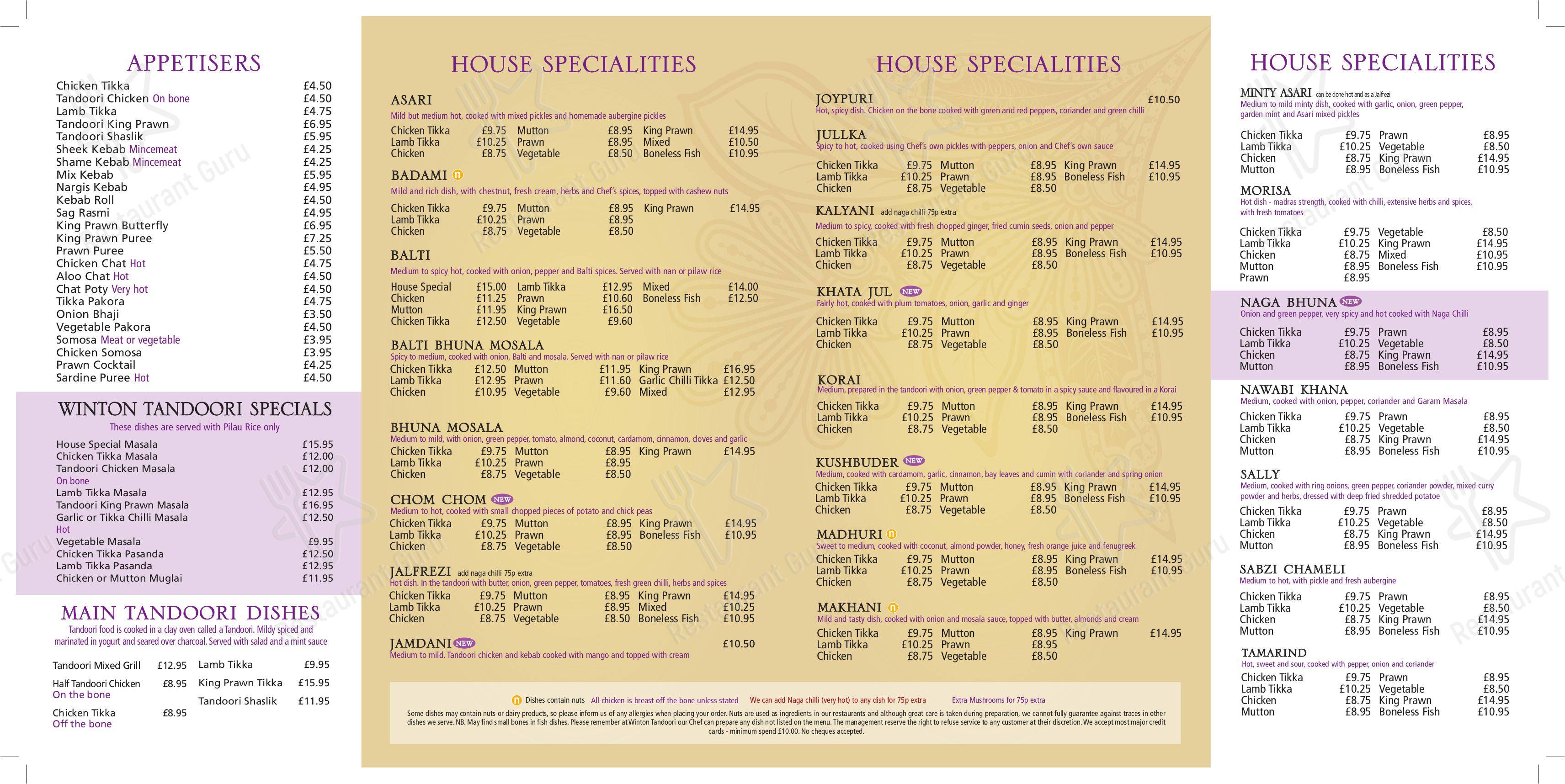 Menu at Winton Tandoori restaurant, Bournemouth