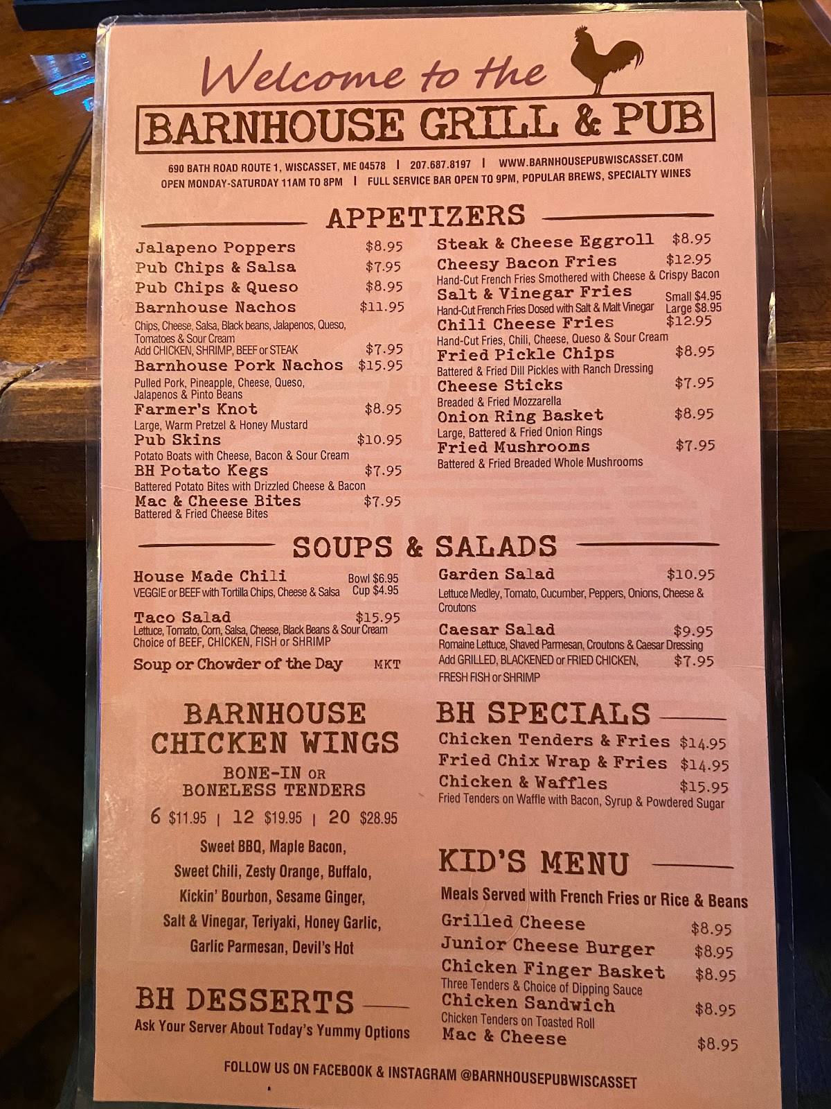 Menu at Barnhouse Grill & Pub Wiscasset, Wiscasset