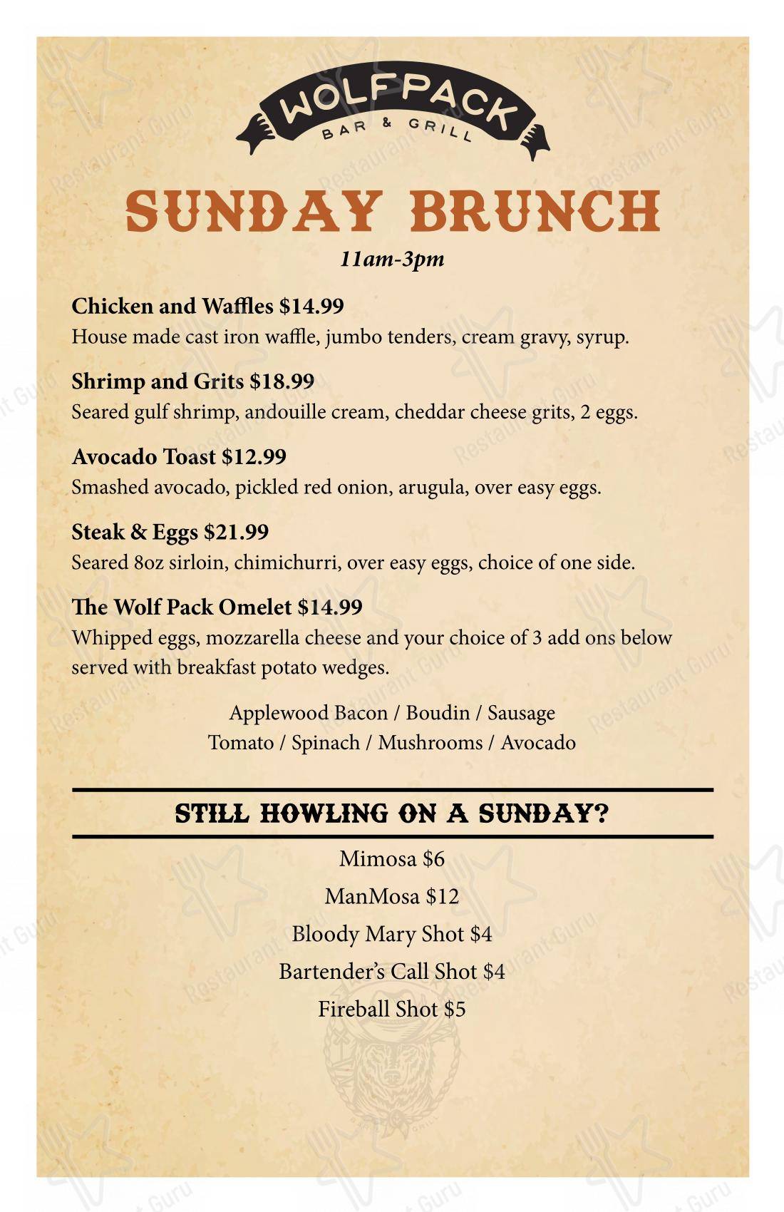 Carta del pub y bar Wolf Pack Woodfired Tavern, Sealy