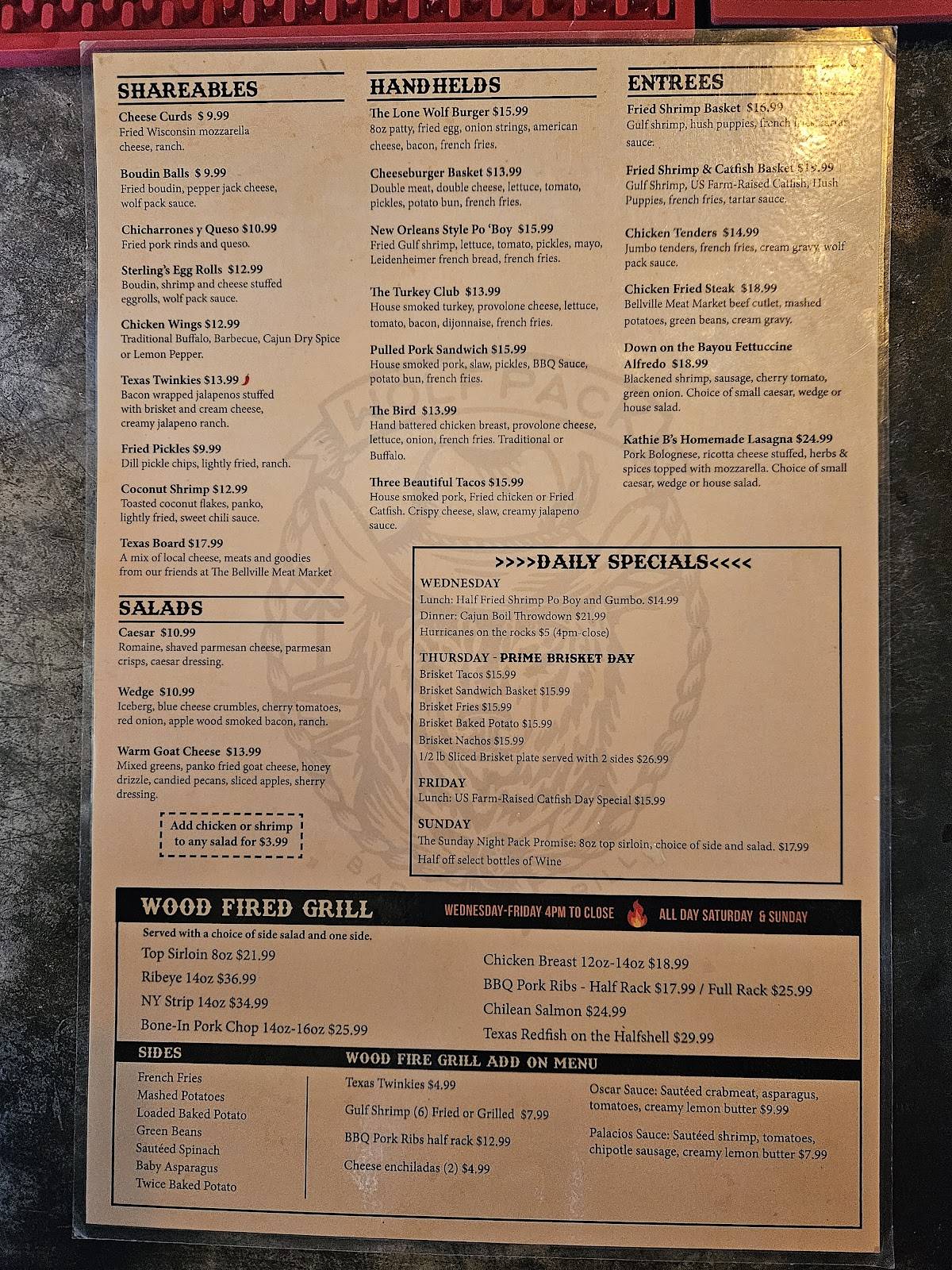 Carta del pub y bar Wolf Pack Woodfired Tavern, Sealy