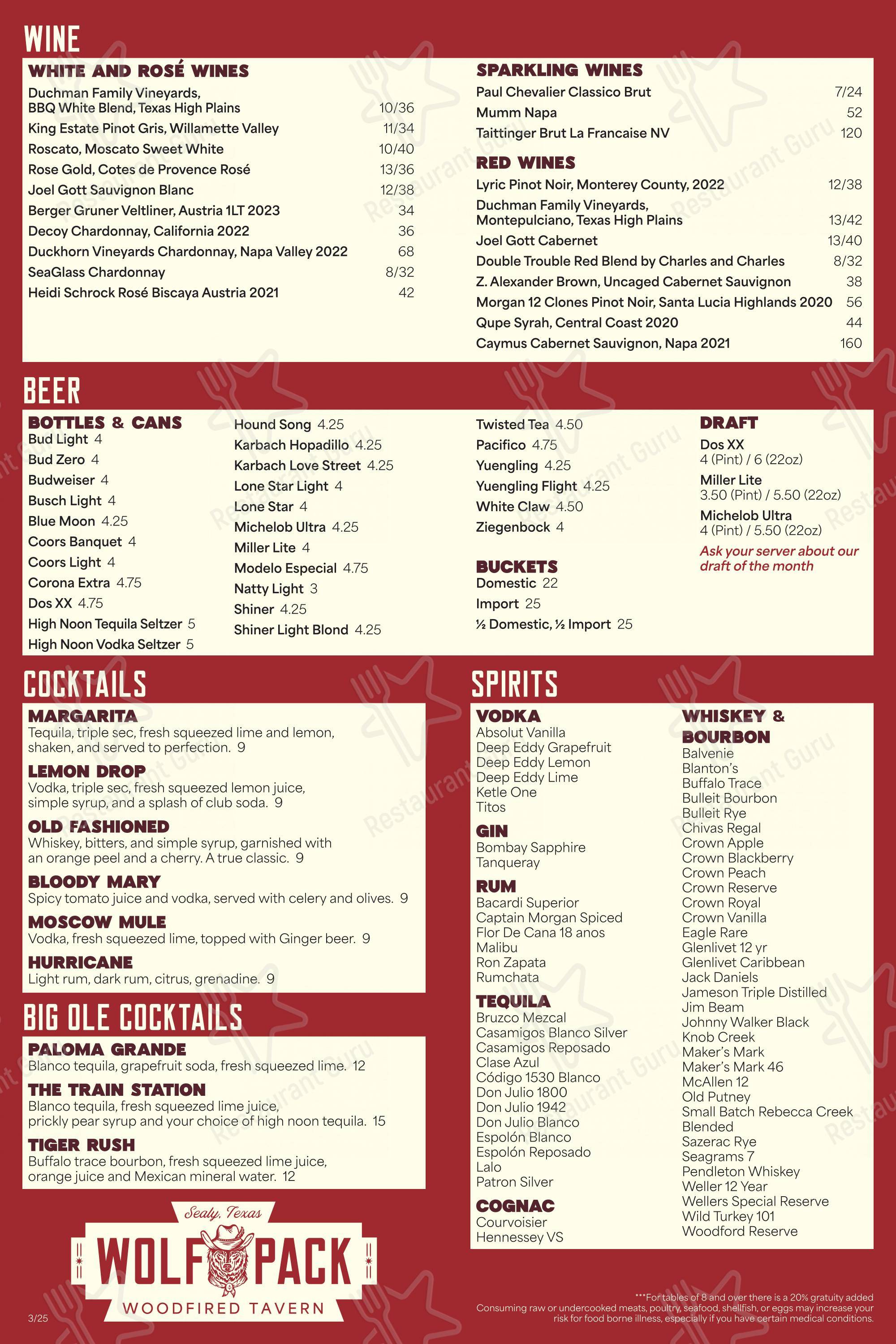 Carta del pub y bar Wolf Pack Woodfired Tavern, Sealy