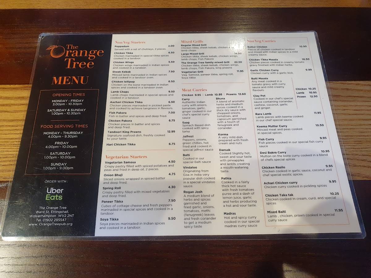 Menu at The Orange Tree pub & bar, Wolverhampton
