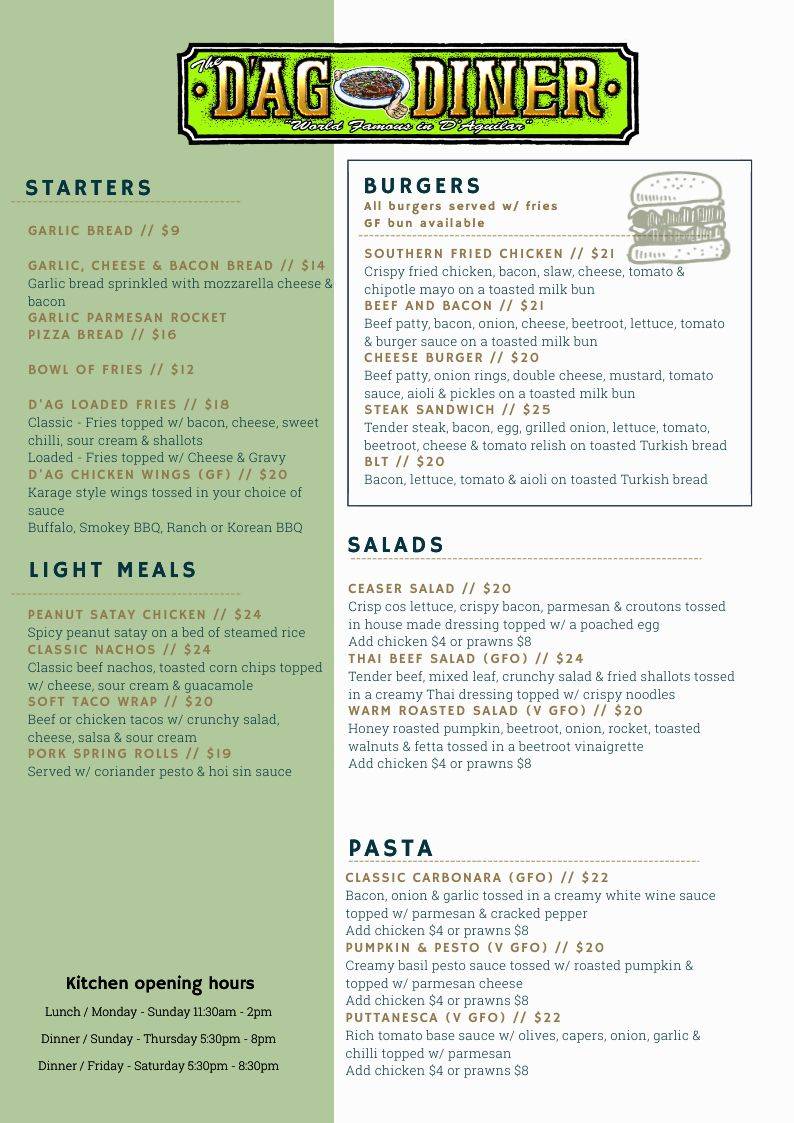 Menu at Dag Pub & Motel, D'Aguilar