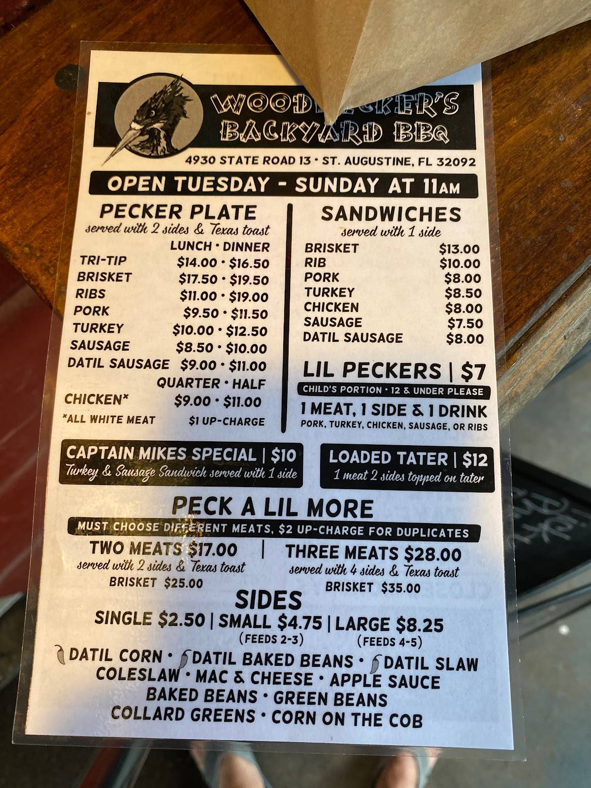 Menu at Woodpeckers Backyard BBQ, Jacksonville
