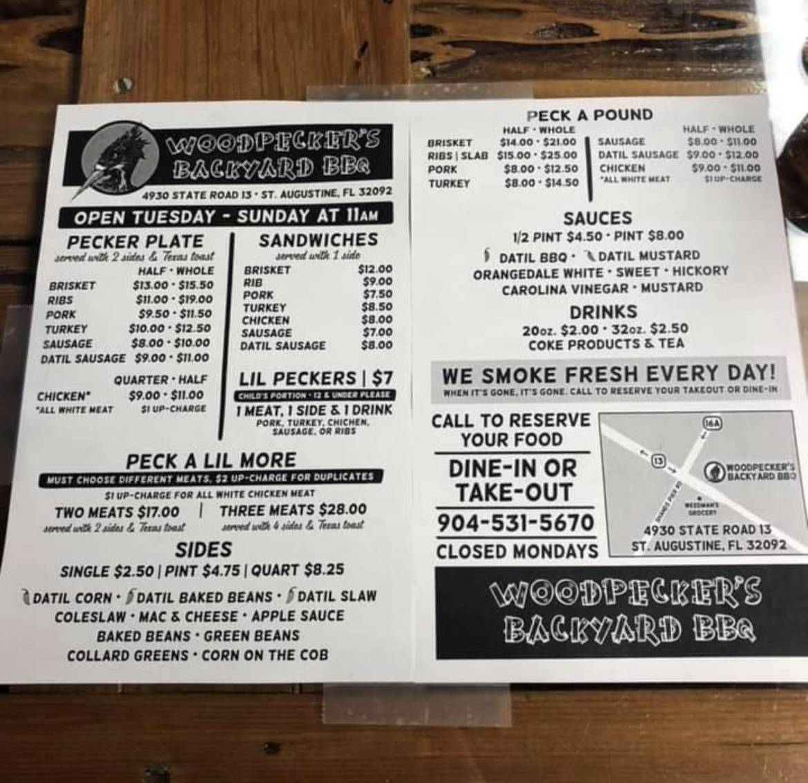 Menu at Woodpeckers Backyard BBQ, Jacksonville