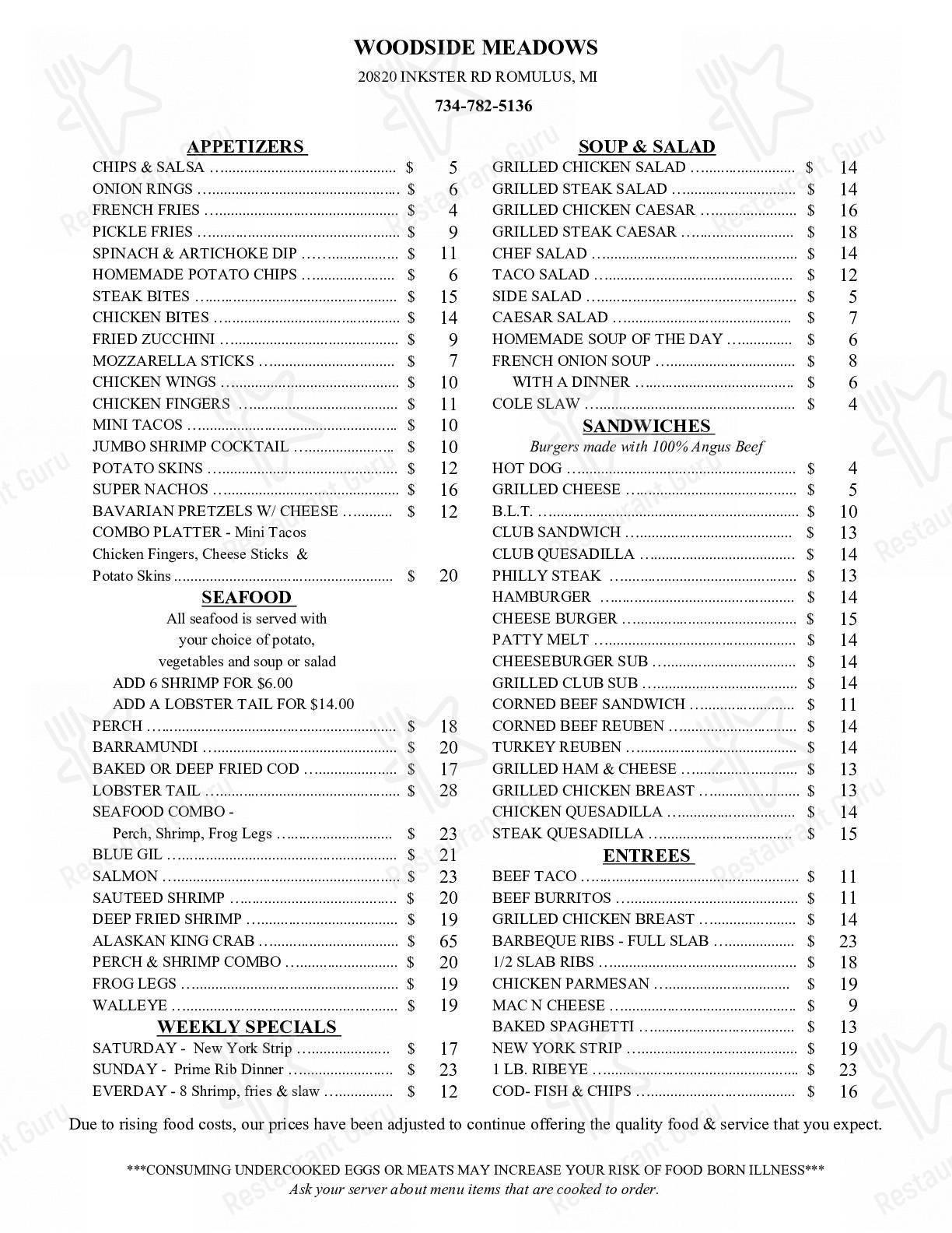 Menu at Woodside Meadows restaurant, Romulus, Inkster Rd